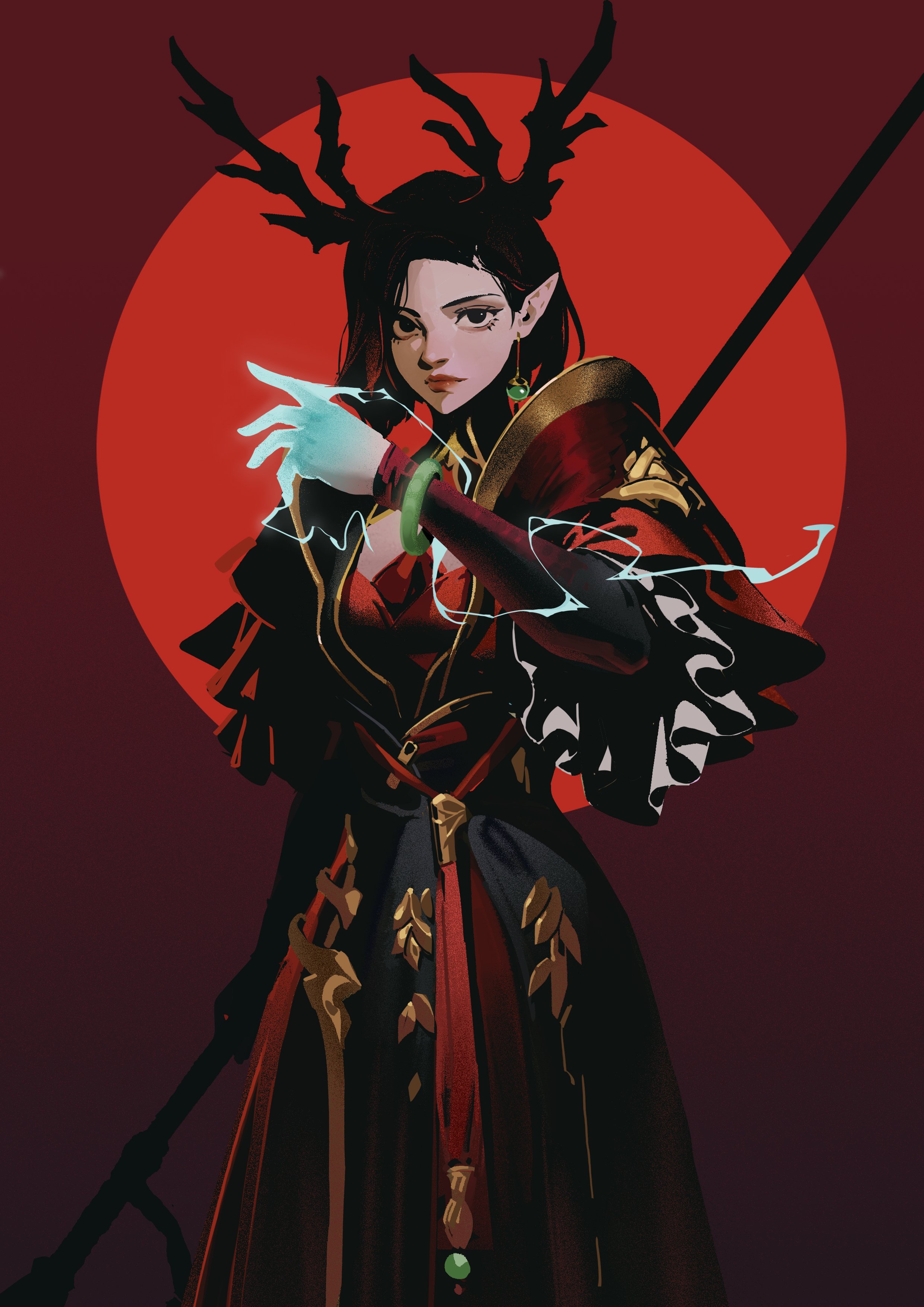 The Big ImageBoard (TBIB) - 1girl absurdres antlers armor black hair bob cut dangle earrings ...