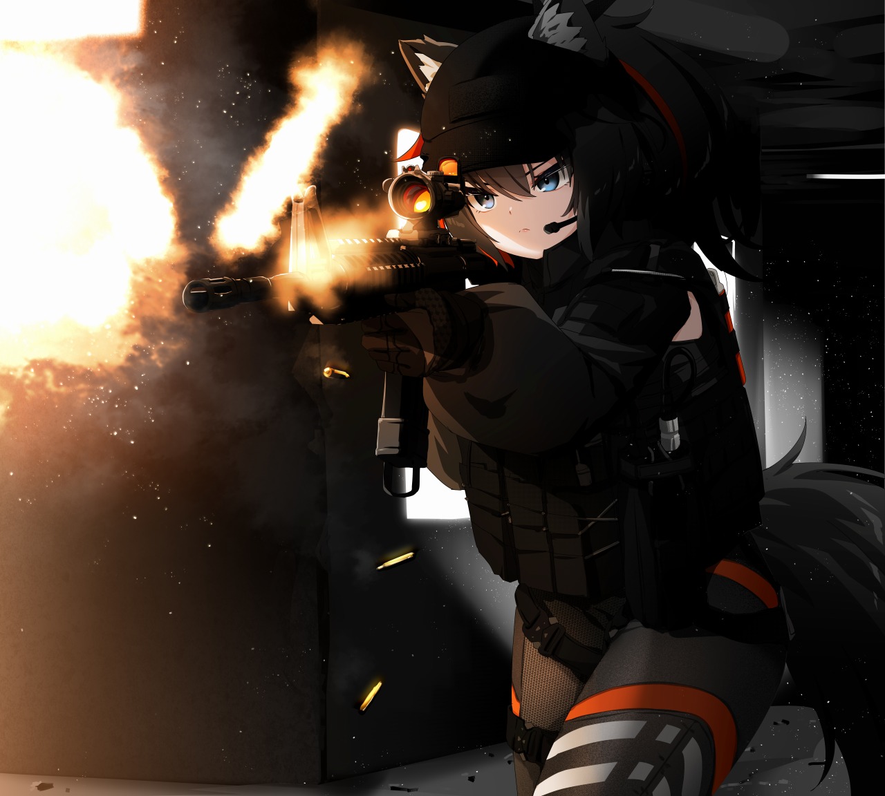 The Big ImageBoard (TBIB) - 1girl animal ear fluff animal ears assault rifle baseball cap black ...