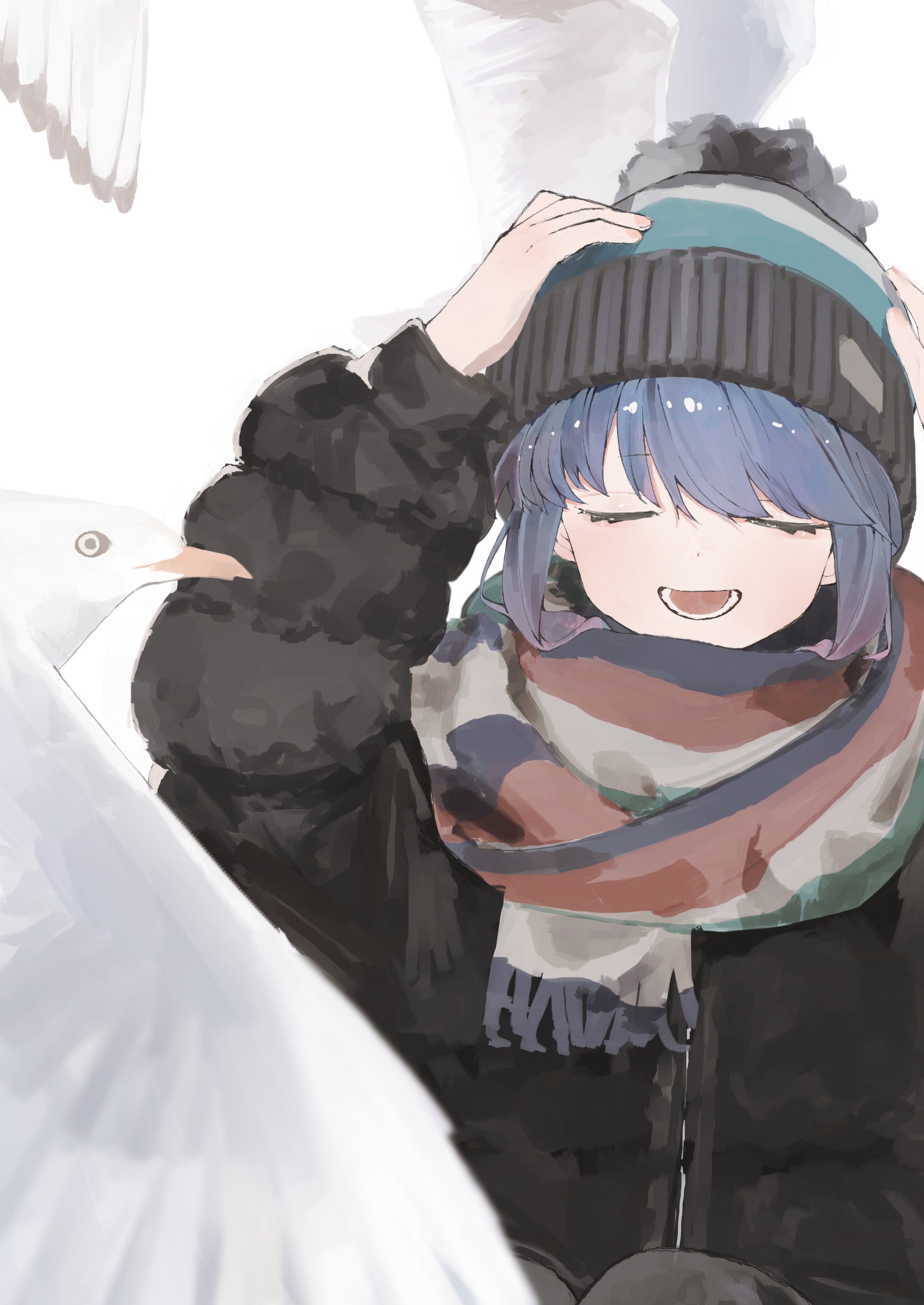 The Big ImageBoard (TBIB) - 1girl absurdres animal beanie bird black coat blue hair closed eyes ...