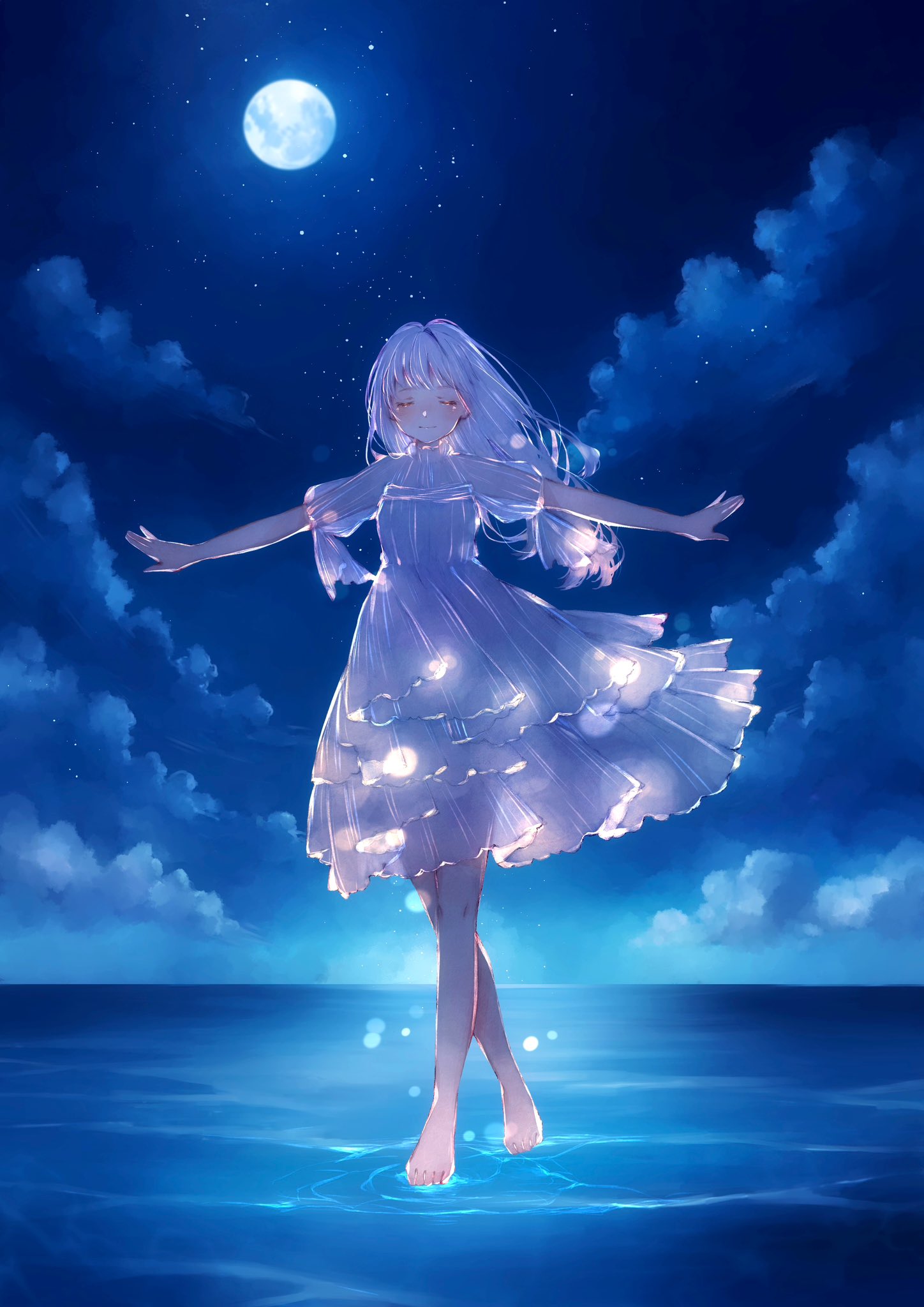 The Big ImageBoard (TBIB) - 1girl anna (k0130) closed eyes cloud dress full moon highres long ...