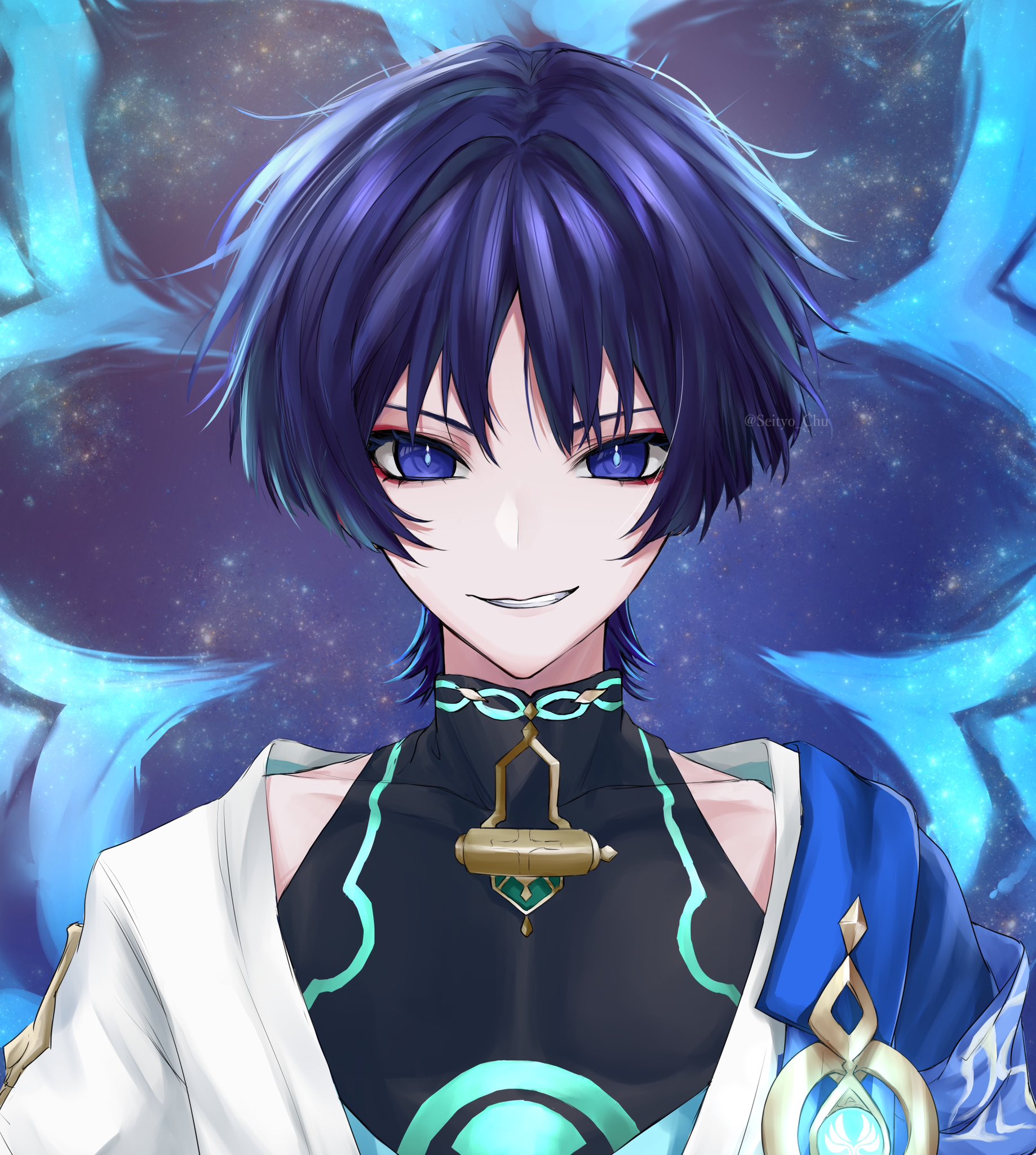 The Big ImageBoard (TBIB) - 1boy black bodysuit black hair blue cape blue eyes blunt ends ...