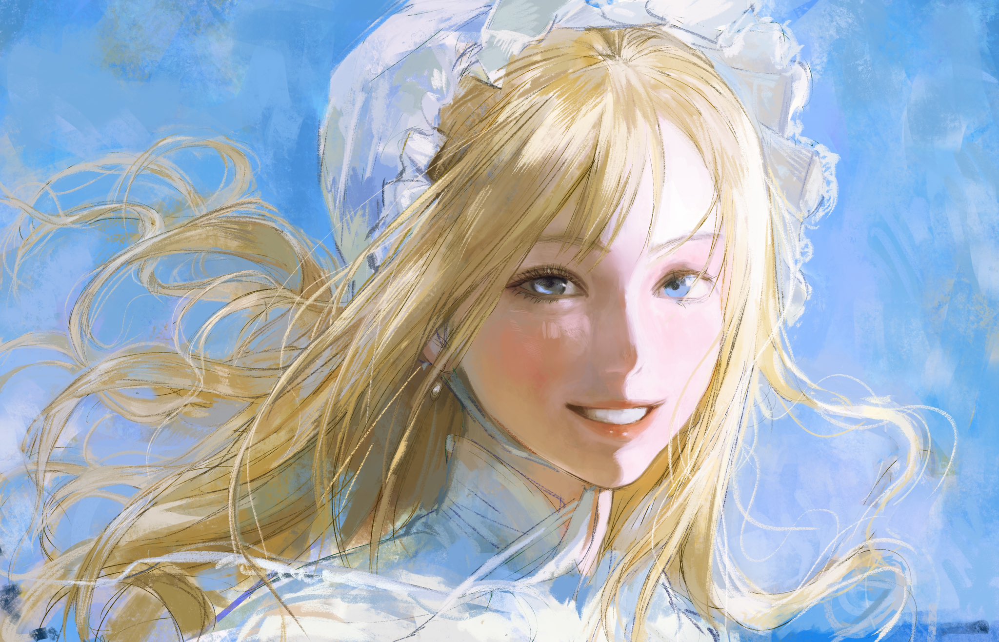 The Big ImageBoard (TBIB) - 1girl artist name blonde hair blue background blue eyes clenched ...