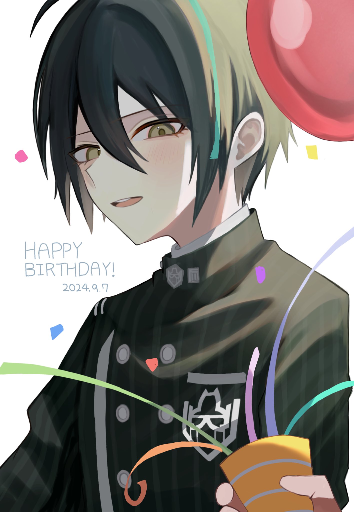 The Big ImageBoard (TBIB) - 1boy :d balloon black hair black jacket blush brown eyes confetti ...