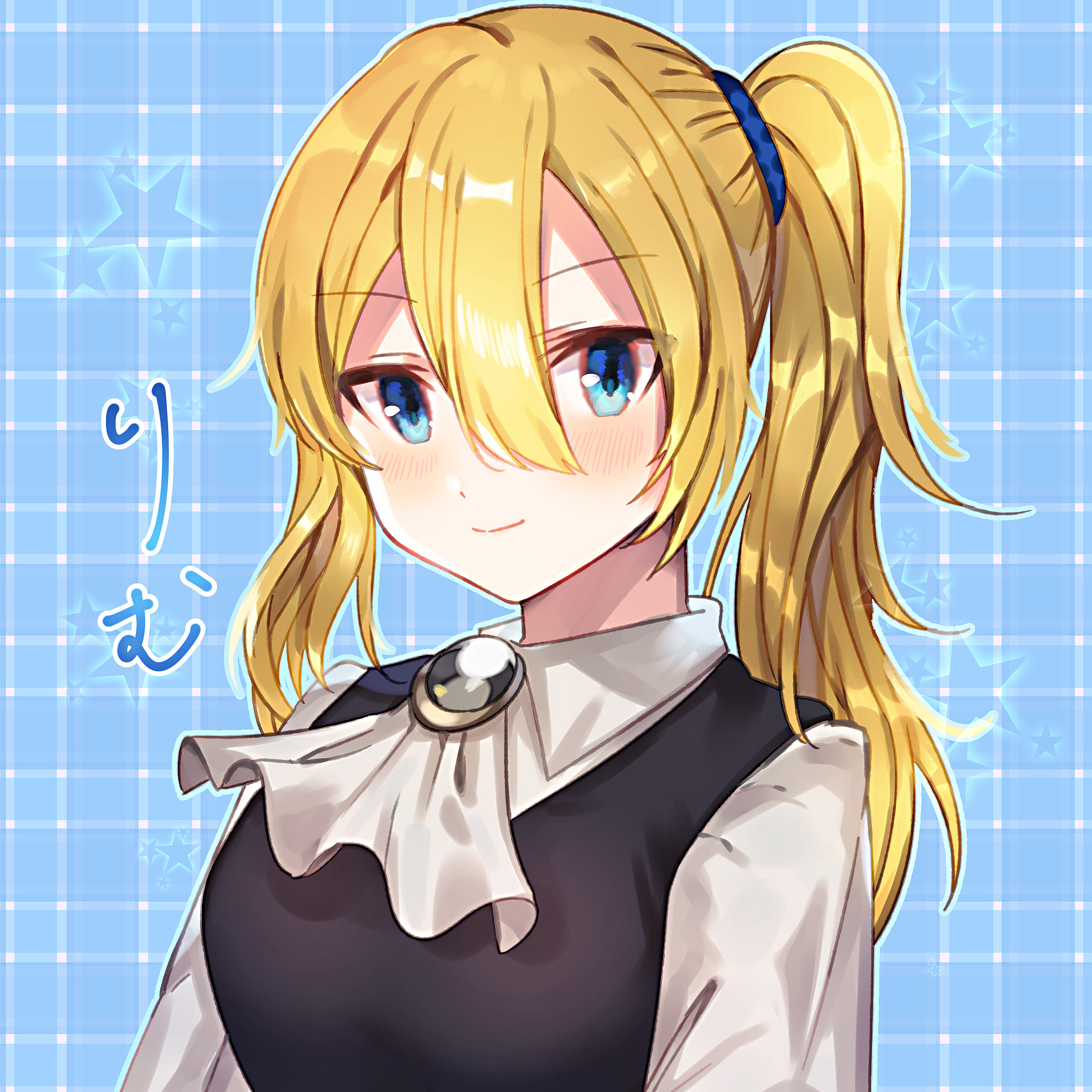 The Big ImageBoard (TBIB) - 1girl ascot black vest blonde hair blue background blue eyes blush ...