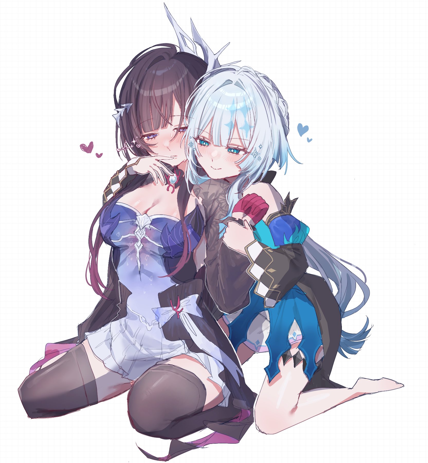 The Big ImageBoard (TBIB) - 2girls bare legs black thighhighs blue eyes blue hair breasts brown ...