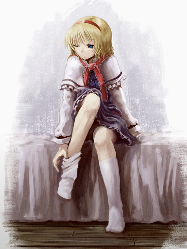 The Big ImageBoard (TBIB) - alice margatroid arm support bangs bed blonde hair blue dress blush ...