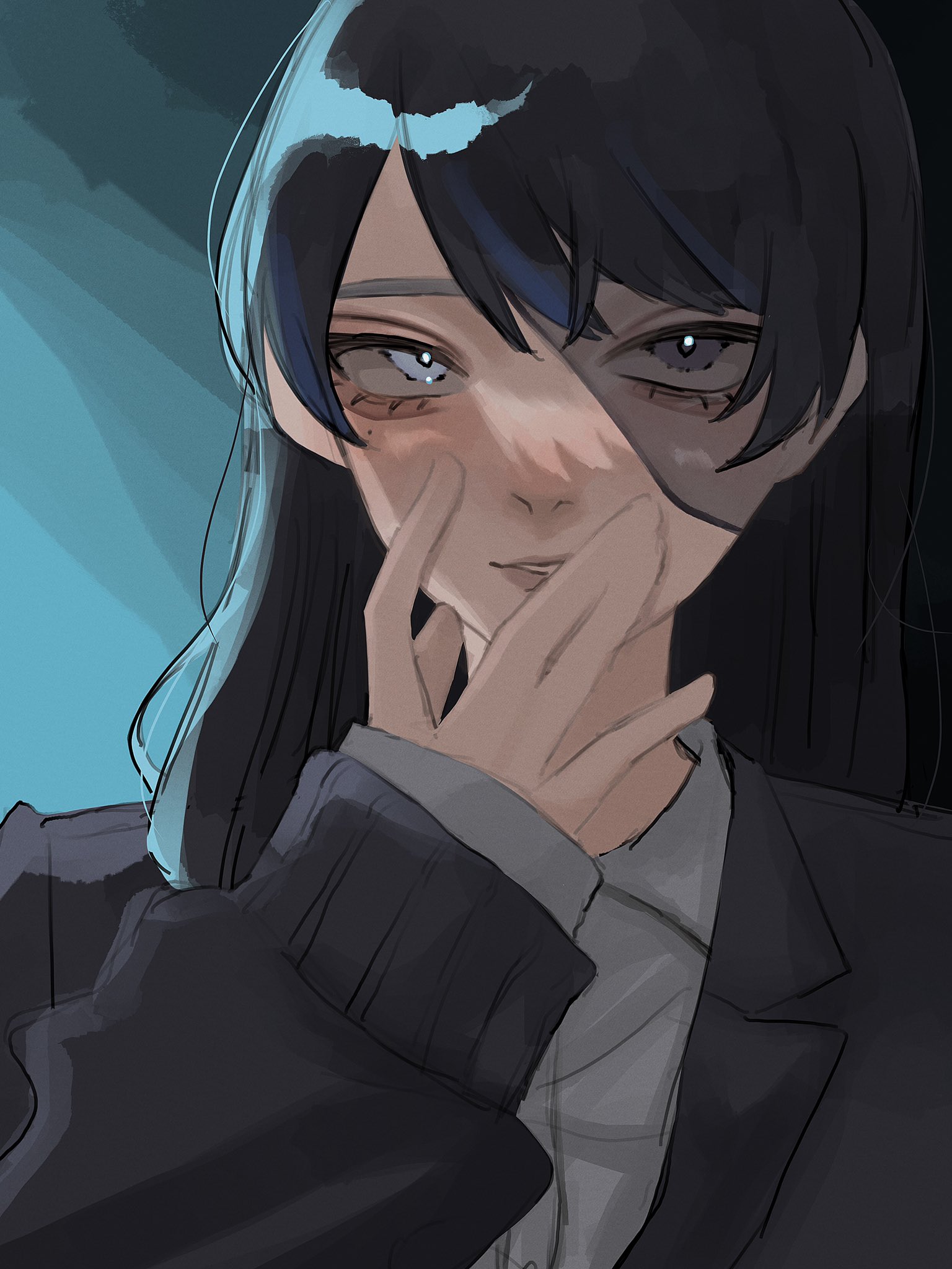 The Big ImageBoard (TBIB) - 1girl ado (utaite) black hair black jacket blue background blue eyes ...