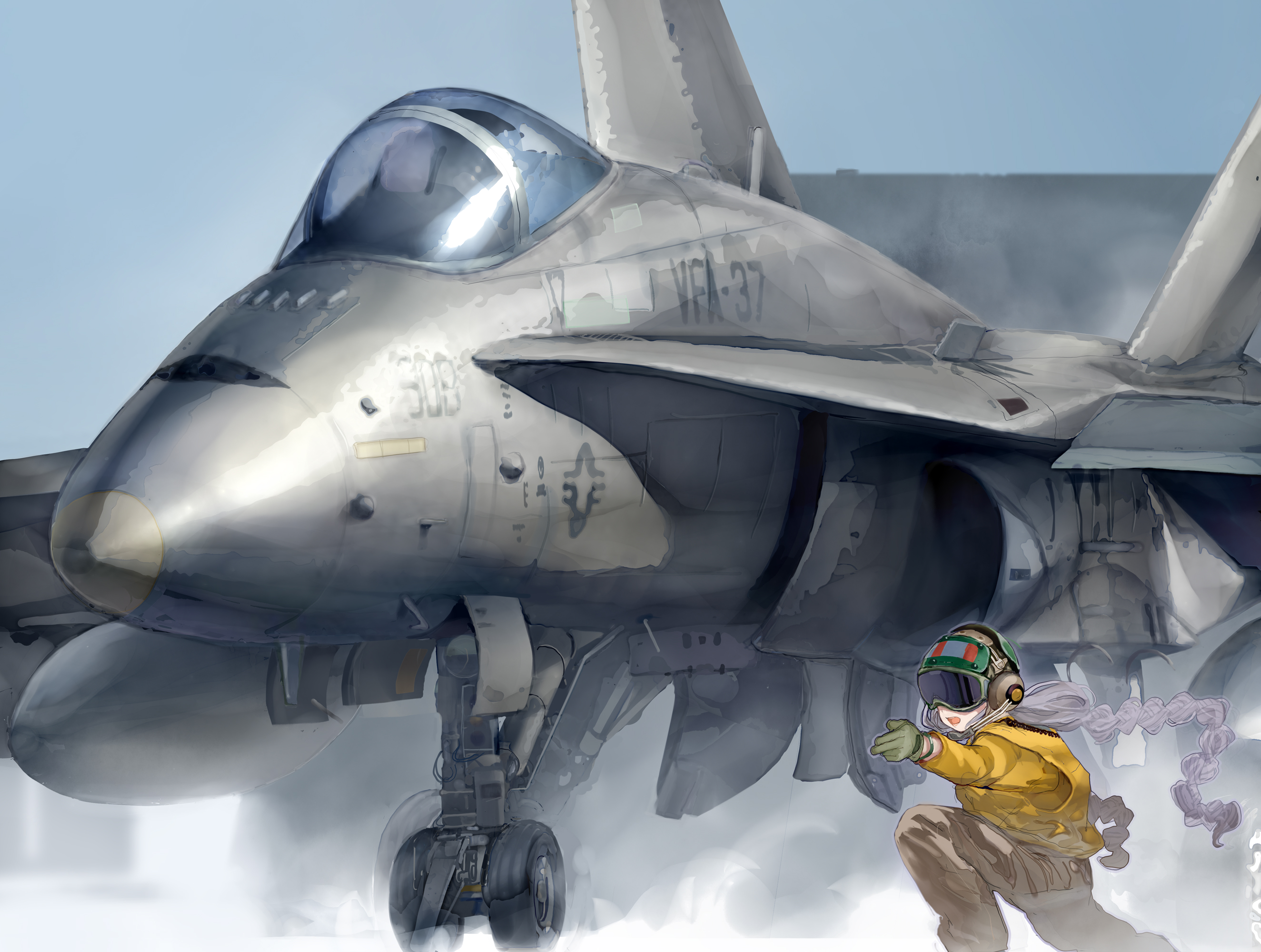 The Big ImageBoard (TBIB) - 1girl :d aircraft airplane braid brown pants covered eyes digital ...