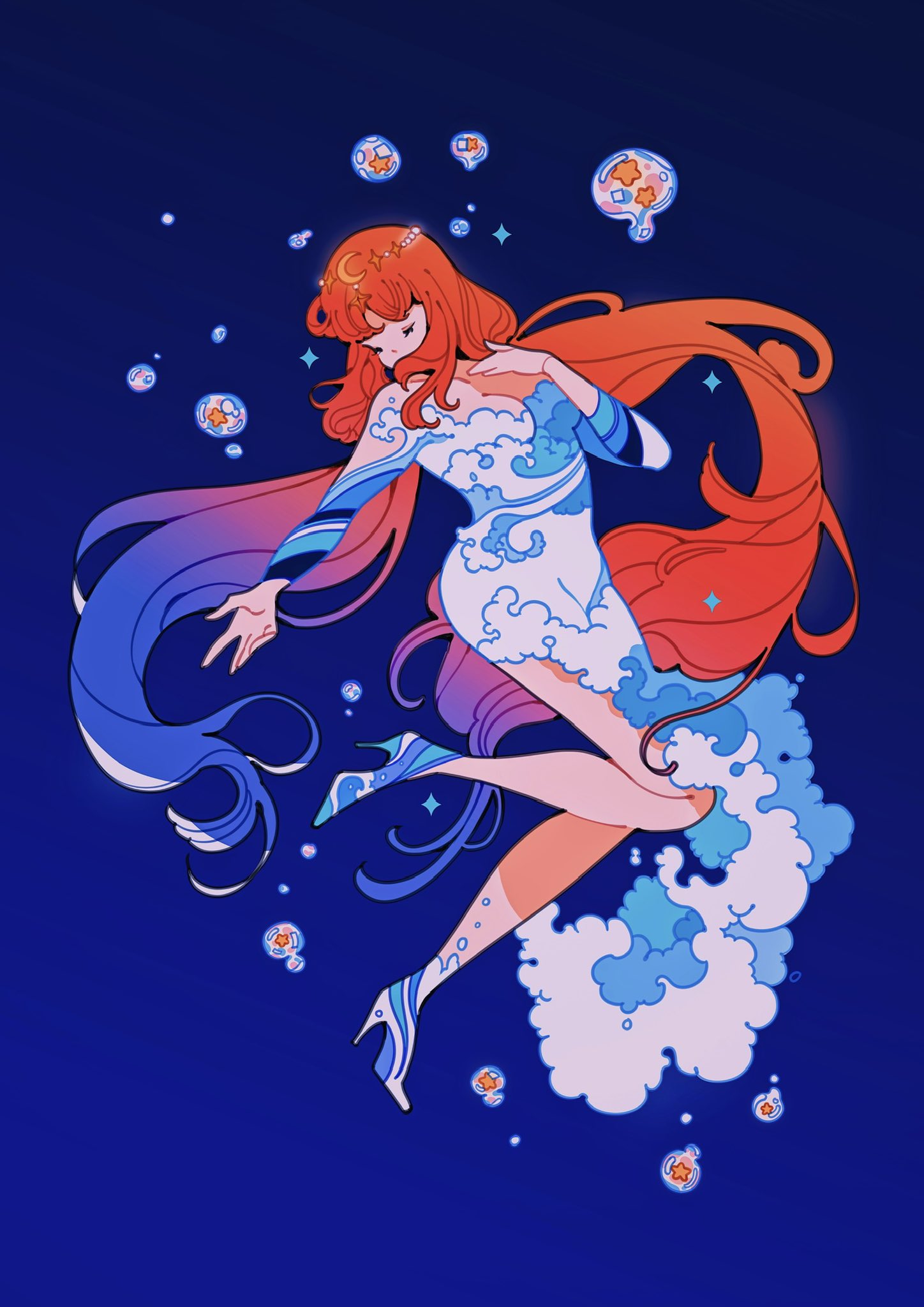 The Big ImageBoard (TBIB) - 1girl blue background blue dress blue footwear blue hair bubble ...