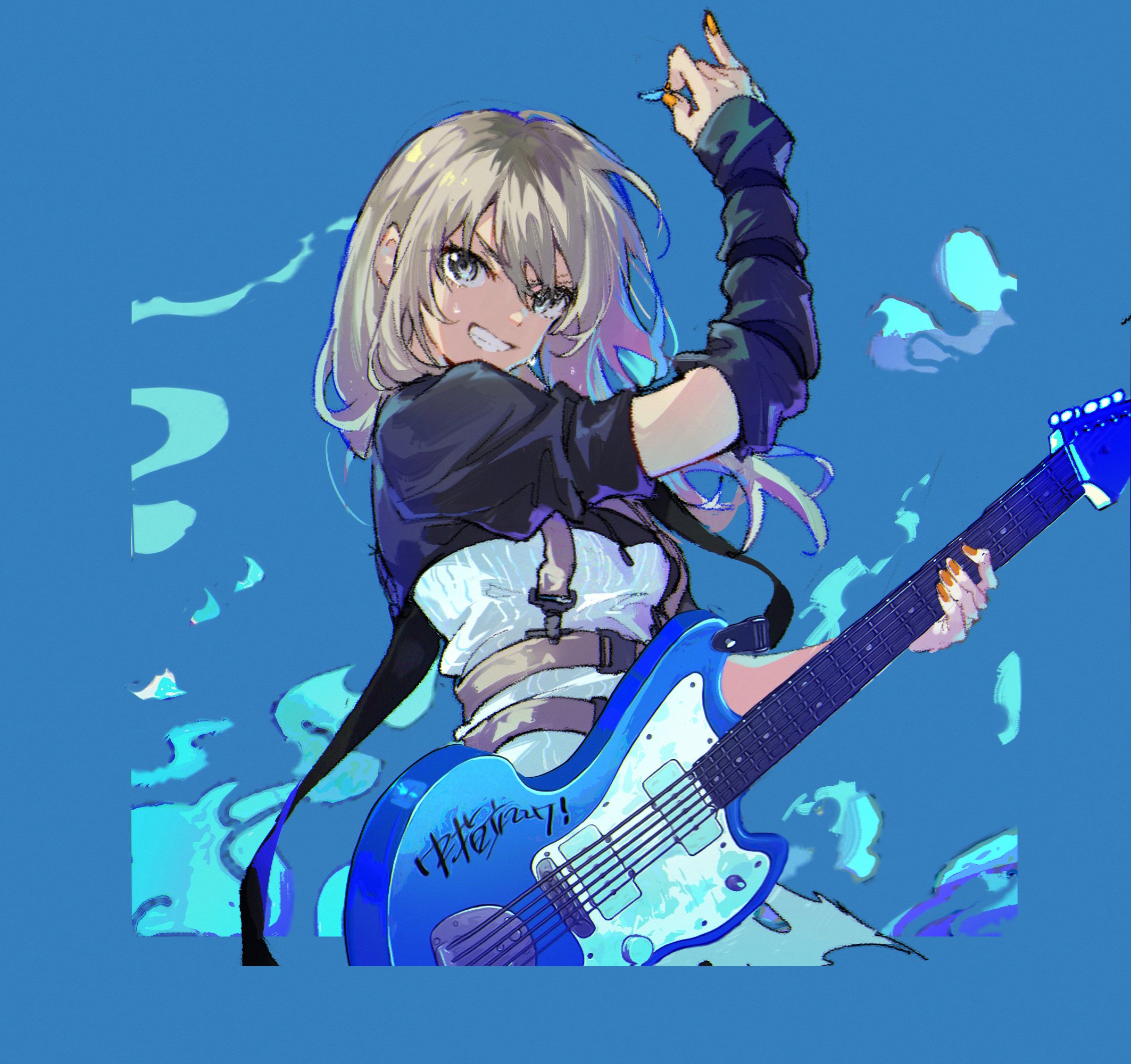 The Big ImageBoard (TBIB) - 1girl arm warmers bass guitar black arm warmers black shirt blue ...