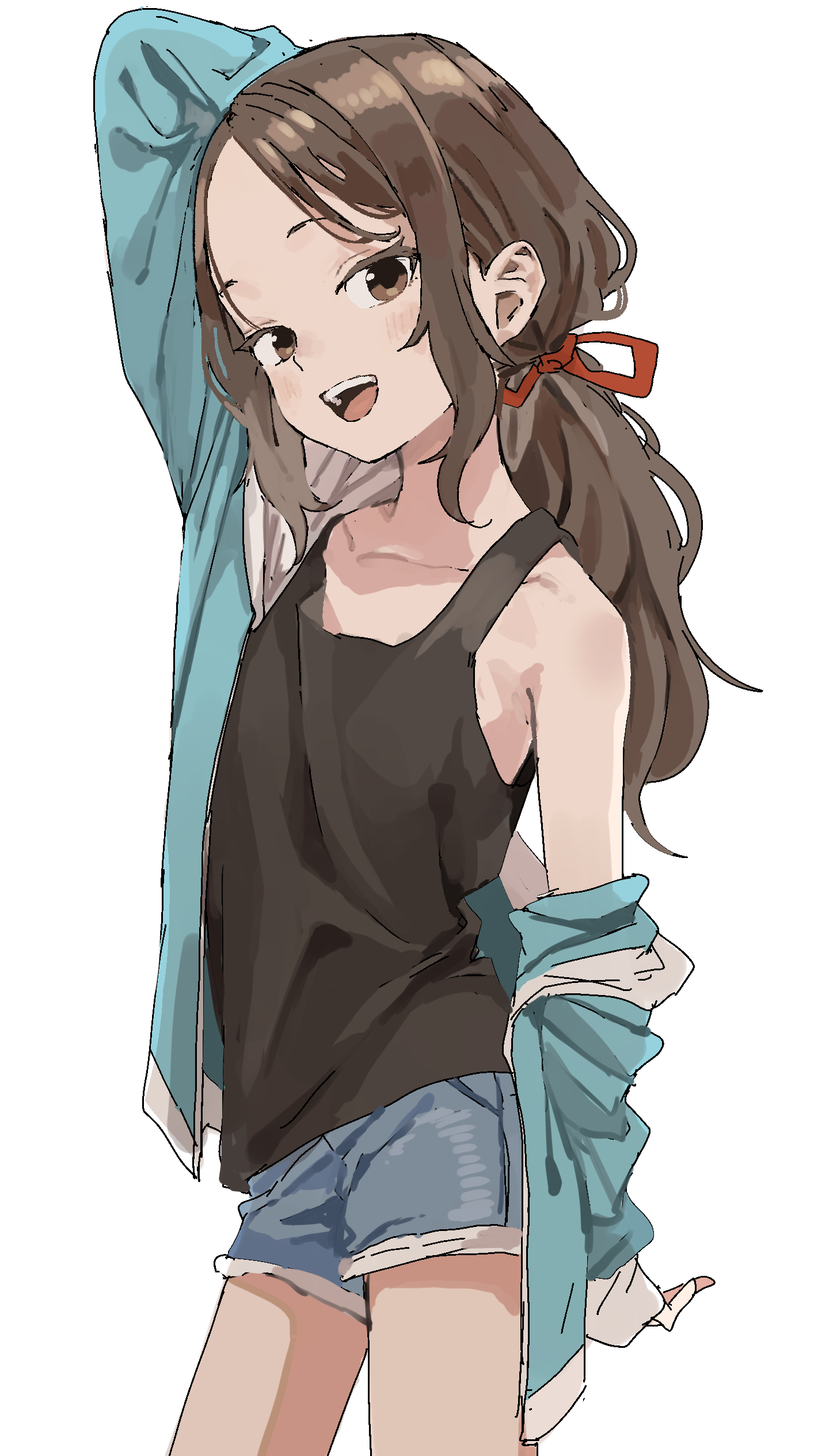 The Big ImageBoard (TBIB) - 1girl absurdres arm behind head arm up black tank top blue jacket ...