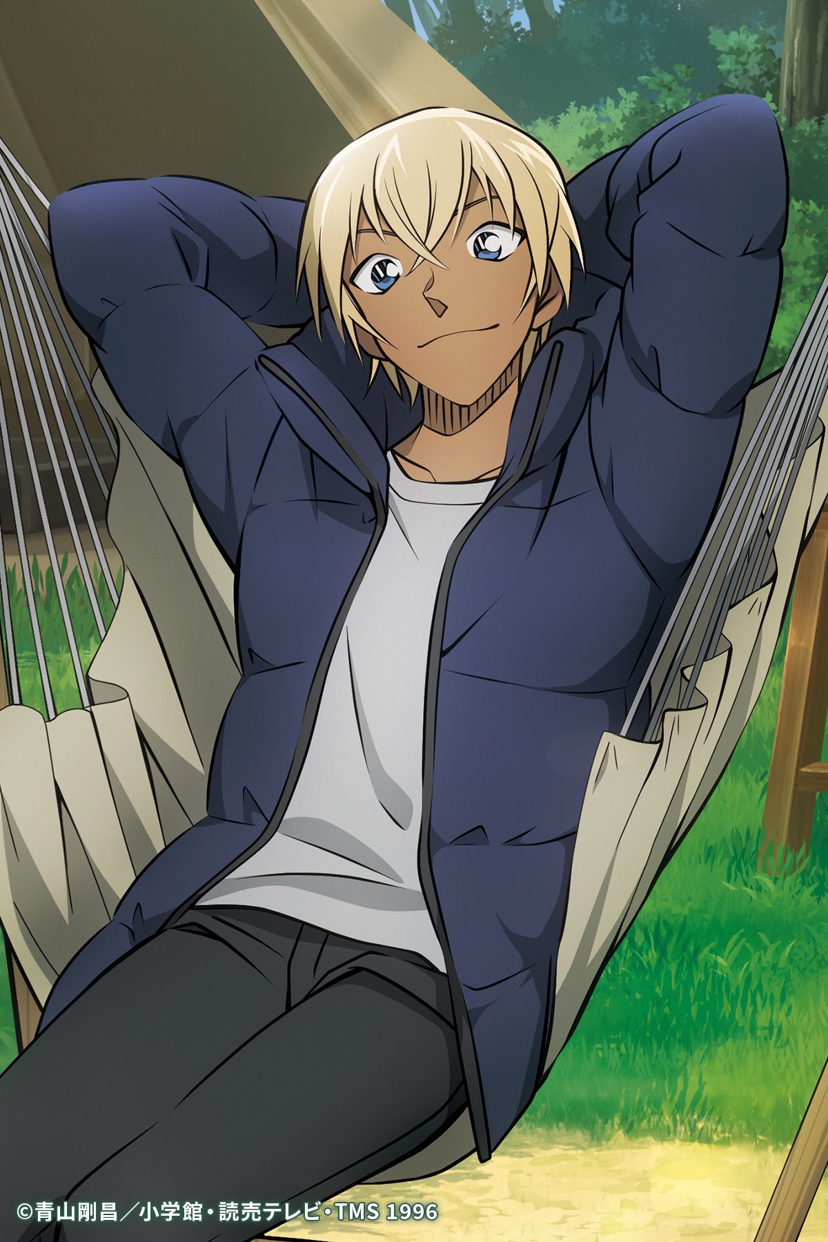 The Big ImageBoard (TBIB) - 1boy amuro tooru arms behind head black pants blonde hair blue eyes ...