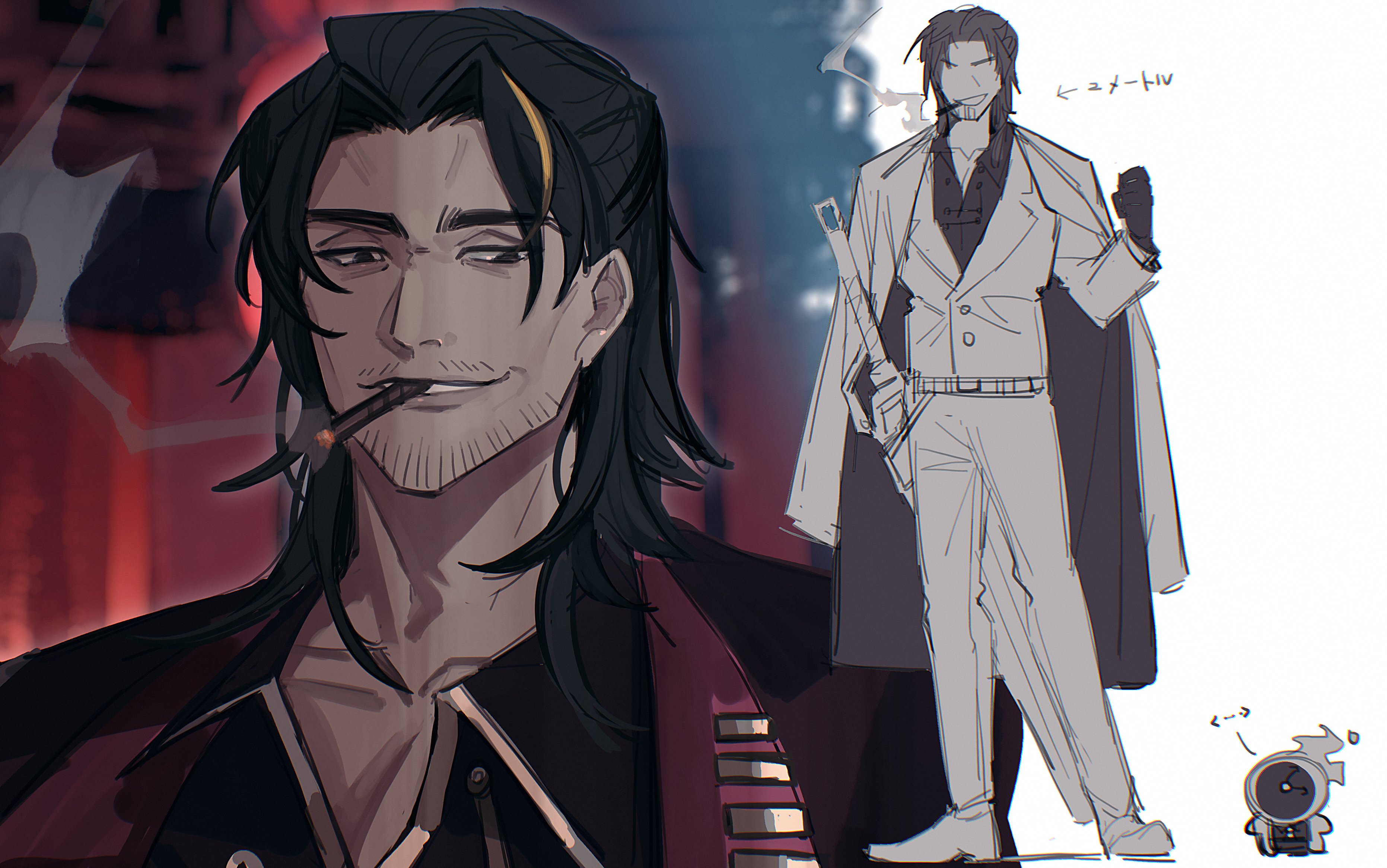 The Big ImageBoard (TBIB) - 1boy 1other absurdres black eyes black hair cigar coat coat on ...