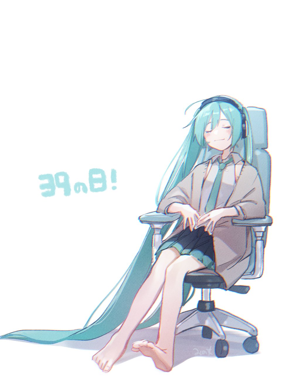 The Big ImageBoard (TBIB) - 1girl ahoge aqua hair bare legs barefoot black skirt brown cardigan ...