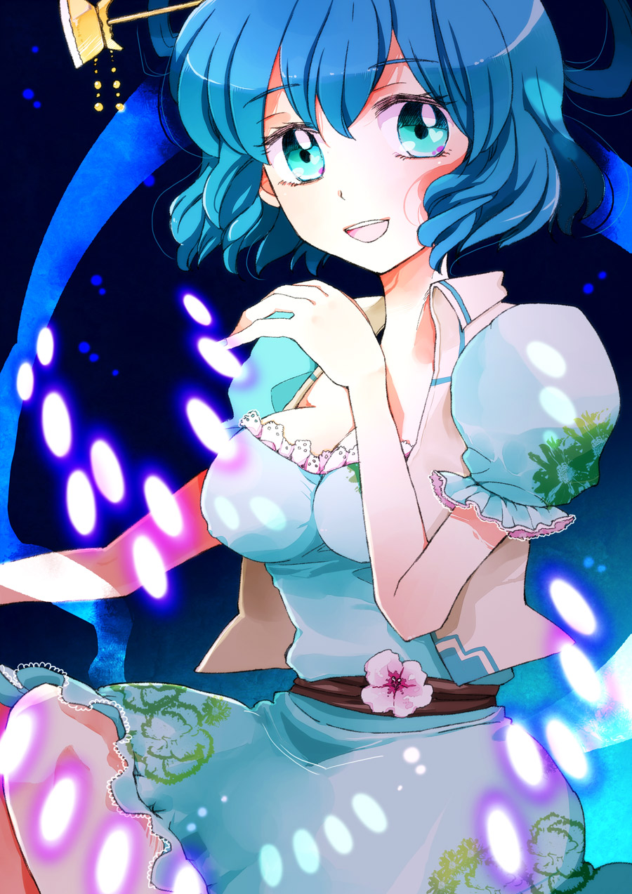 The Big ImageBoard (TBIB) - 1girl blue dress blue eyes blue hair breasts cleavage commentary ...