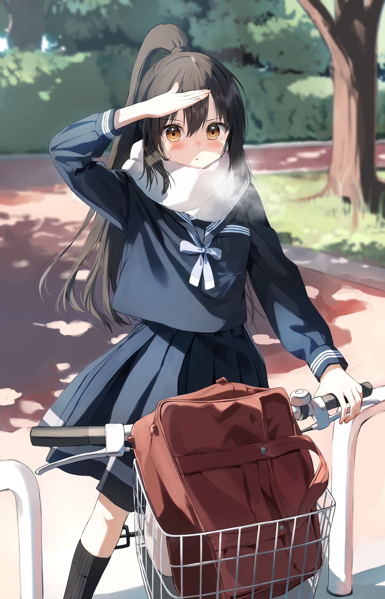 The Big ImageBoard (TBIB) - 1girl :o arm up bag bicycle bicycle basket black hair black sailor ...