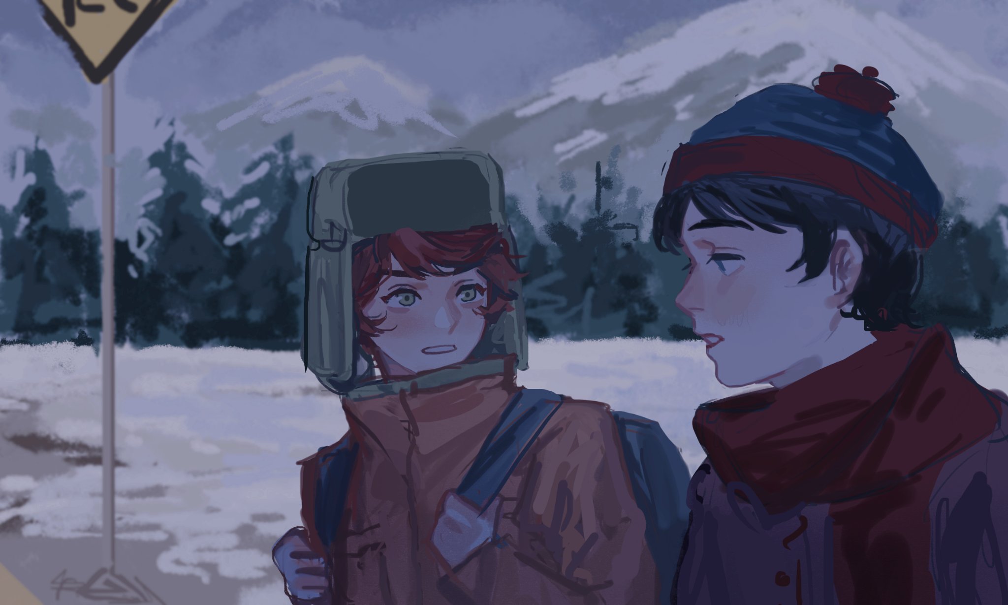 The Big ImageBoard (TBIB) - 2boys backpack bag beanie black hair blue eyes blue hat brown coat ...