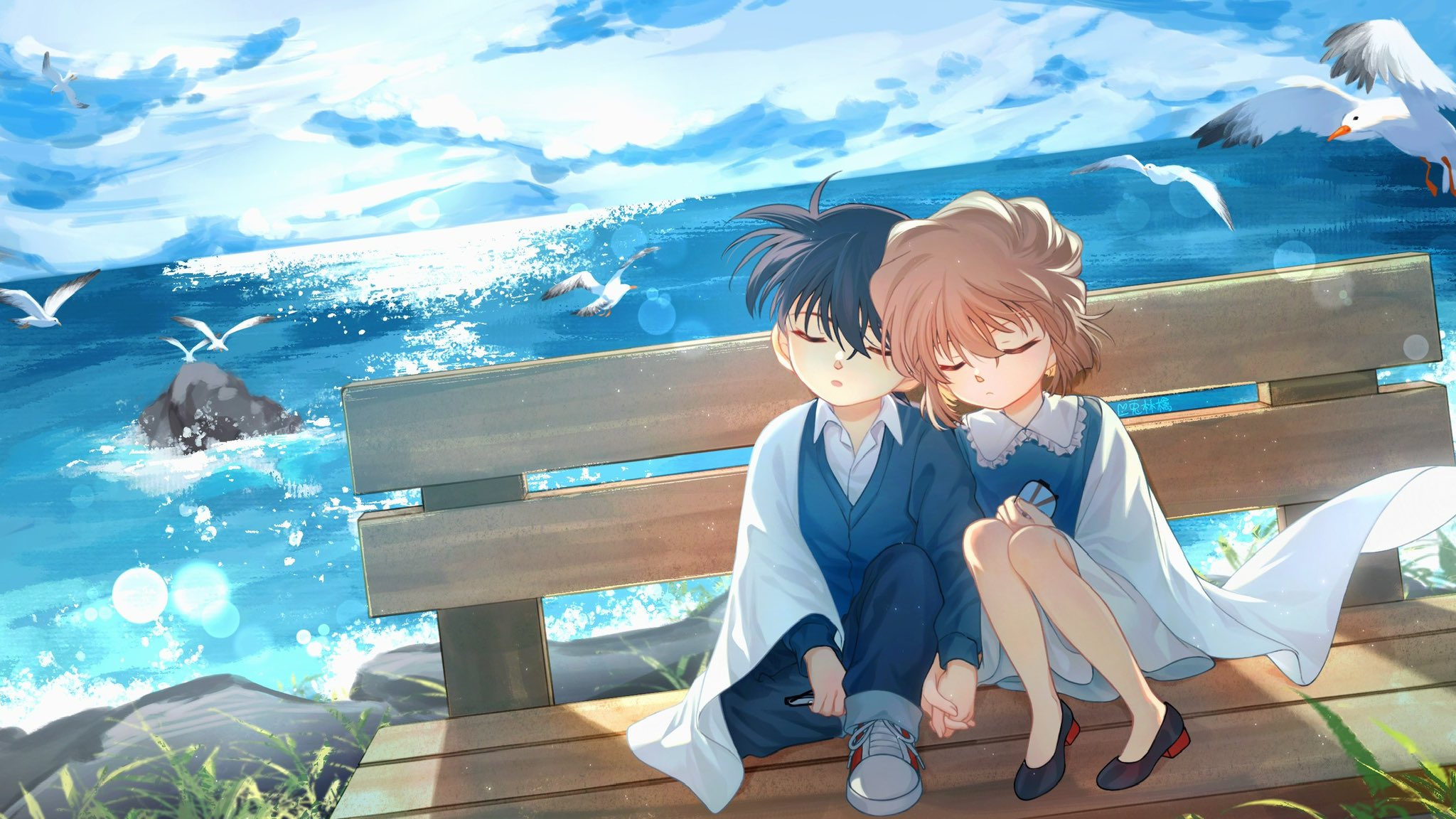 The Big ImageBoard (TBIB) - 1boy 1girl bench bird black footwear black hair blue jacket blue ...