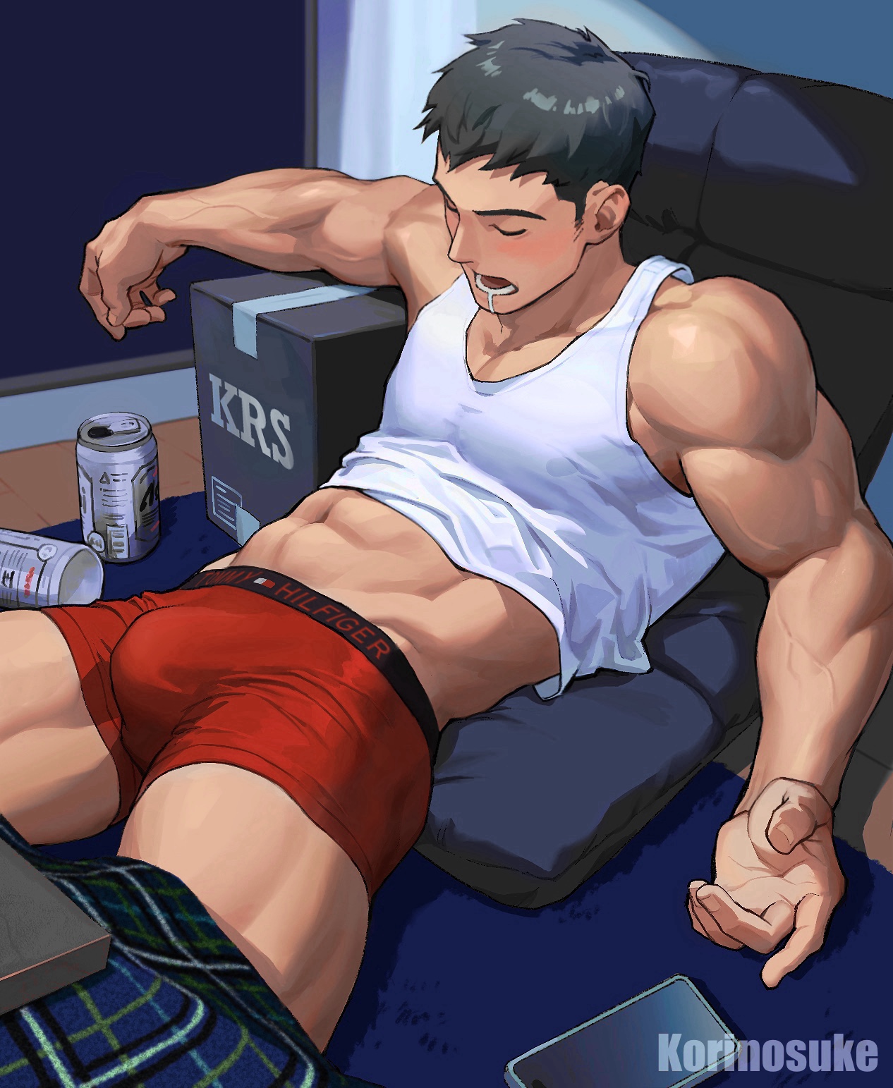 The Big ImageBoard (TBIB) - 1boy abs bara biceps black hair boxer briefs can cellphone highres ...