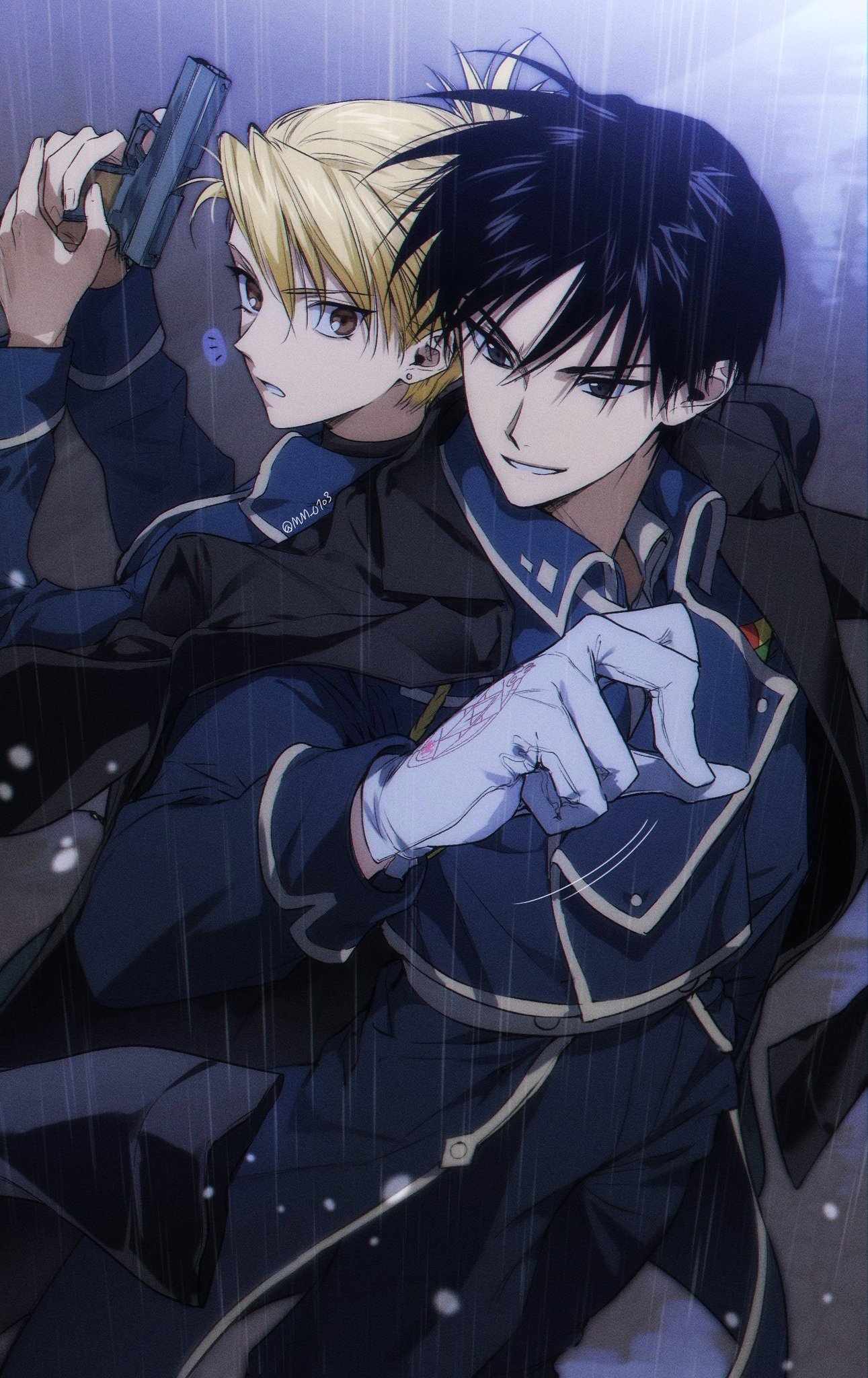 The Big ImageBoard (TBIB) - 1boy 1girl back-to-back black coat black eyes black hair blonde hair ...