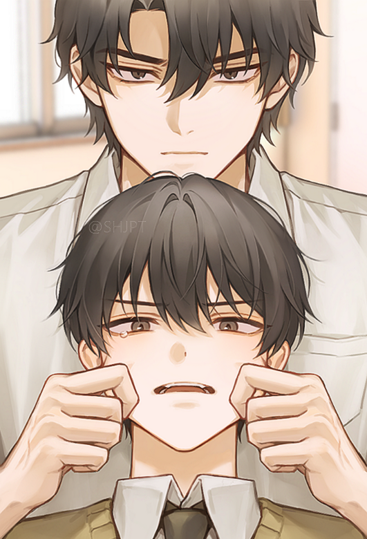 The Big ImageBoard (TBIB) - 2boys artist name black eyes black hair black necktie blurry blurry ...