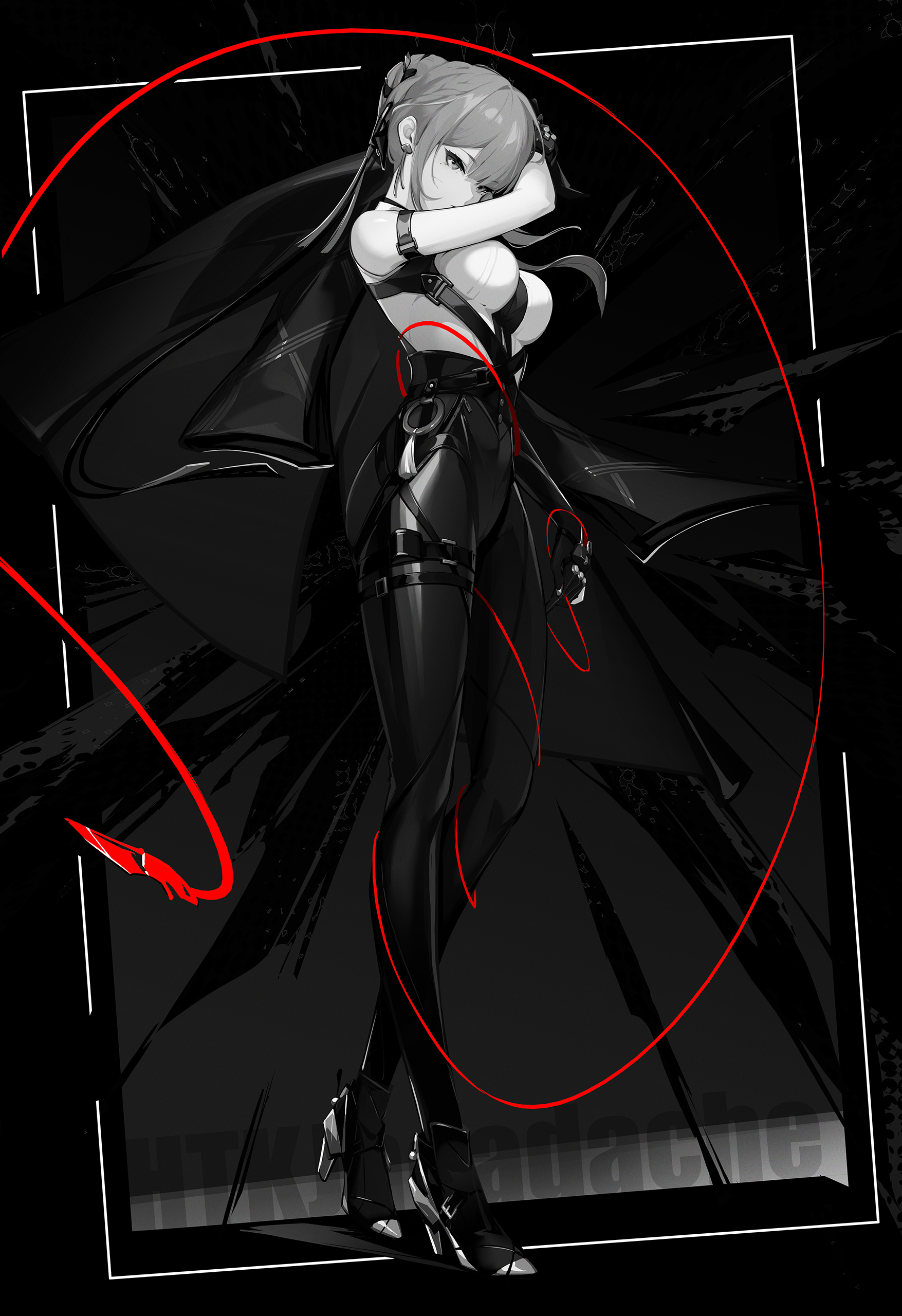 The Big ImageBoard (TBIB) - 1girl absurdres arm up black background black pants breasts earrings ...