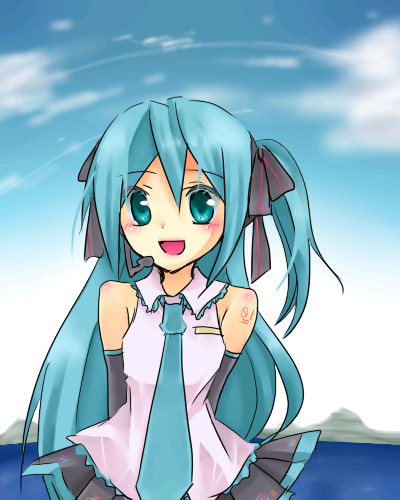 The Big ImageBoard (TBIB) - 1girl aqua hair arms behind back bare shoulders hatsune miku long ...