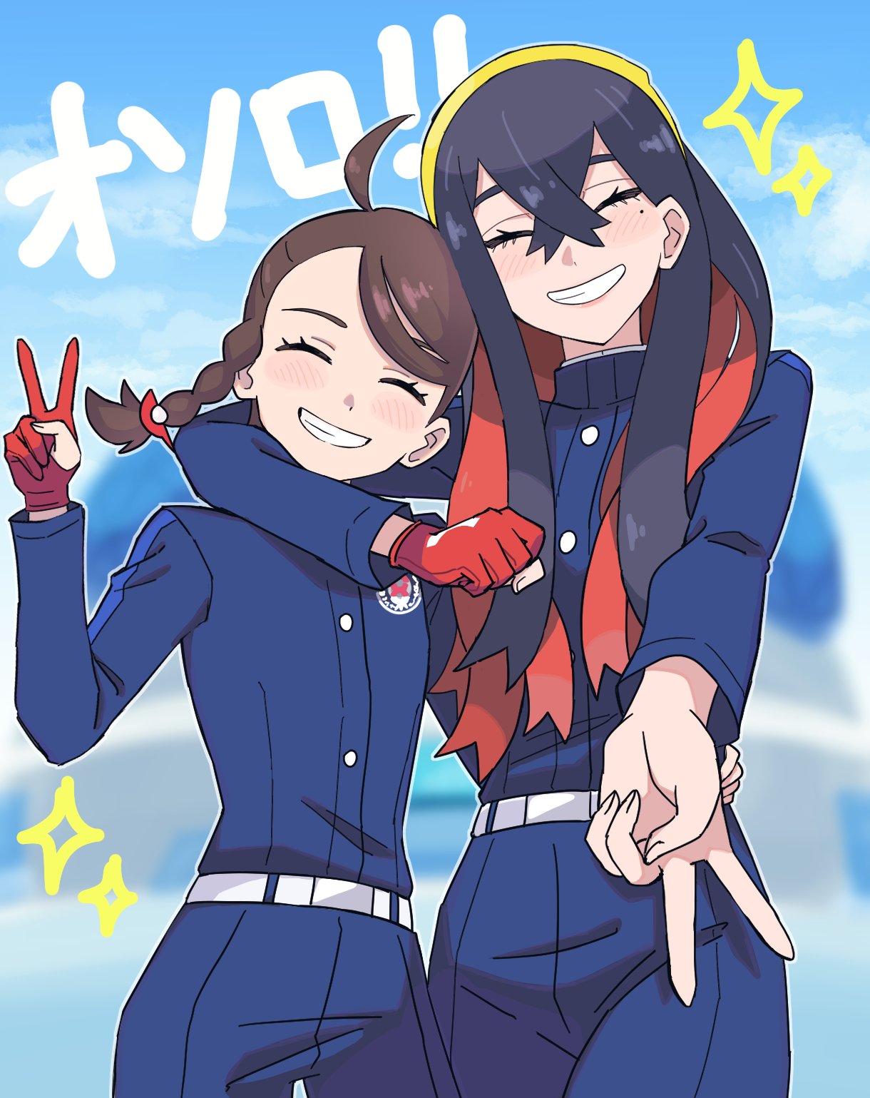 The Big ImageBoard (TBIB) - 2girls black hair blue jacket blush braid brown hair buttons carmine ...