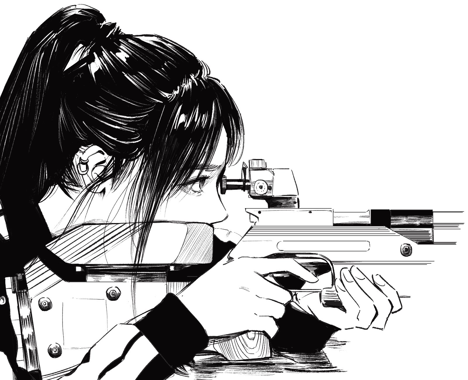The Big ImageBoard (TBIB) - 1girl aiming ear piercing from side greyscale gun hair behind ear ...