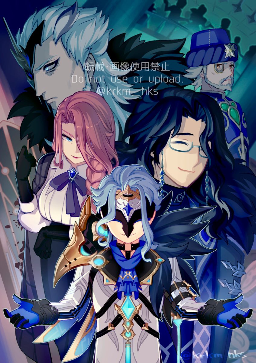 The Big ImageBoard (TBIB) - 1girl 4boys azar (genshin impact) beard black gloves black hair blue ...