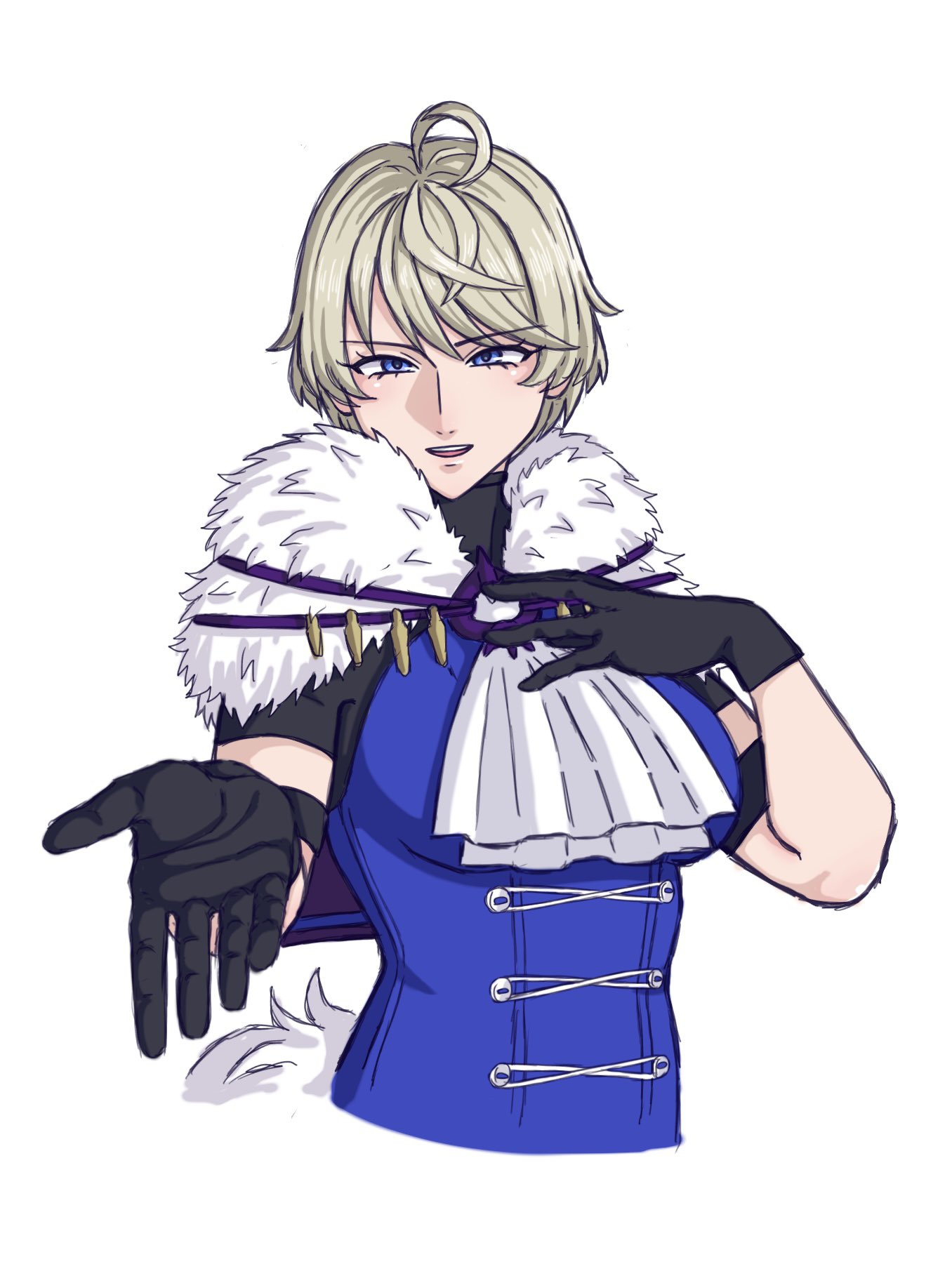 The Big ImageBoard (TBIB) - 1girl ahoge ascot black gloves blonde hair blue eyes blue shirt fire ...