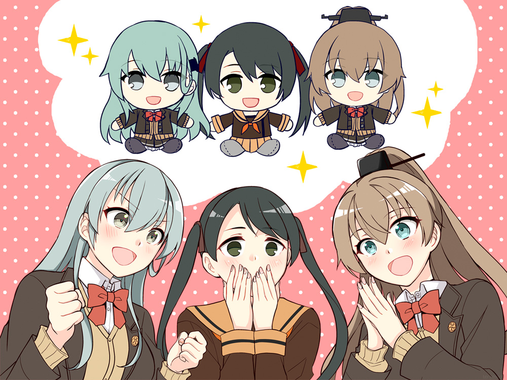 The Big ImageBoard (TBIB) - 3girls aqua eyes aqua hair black hair blazer blue eyes bow bowtie ...