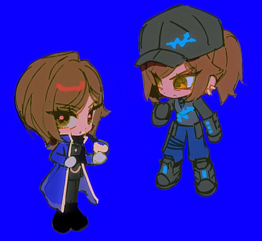 The Big ImageBoard (TBIB) - 2girls baseball cap black hat black pants blue background blue pants ...