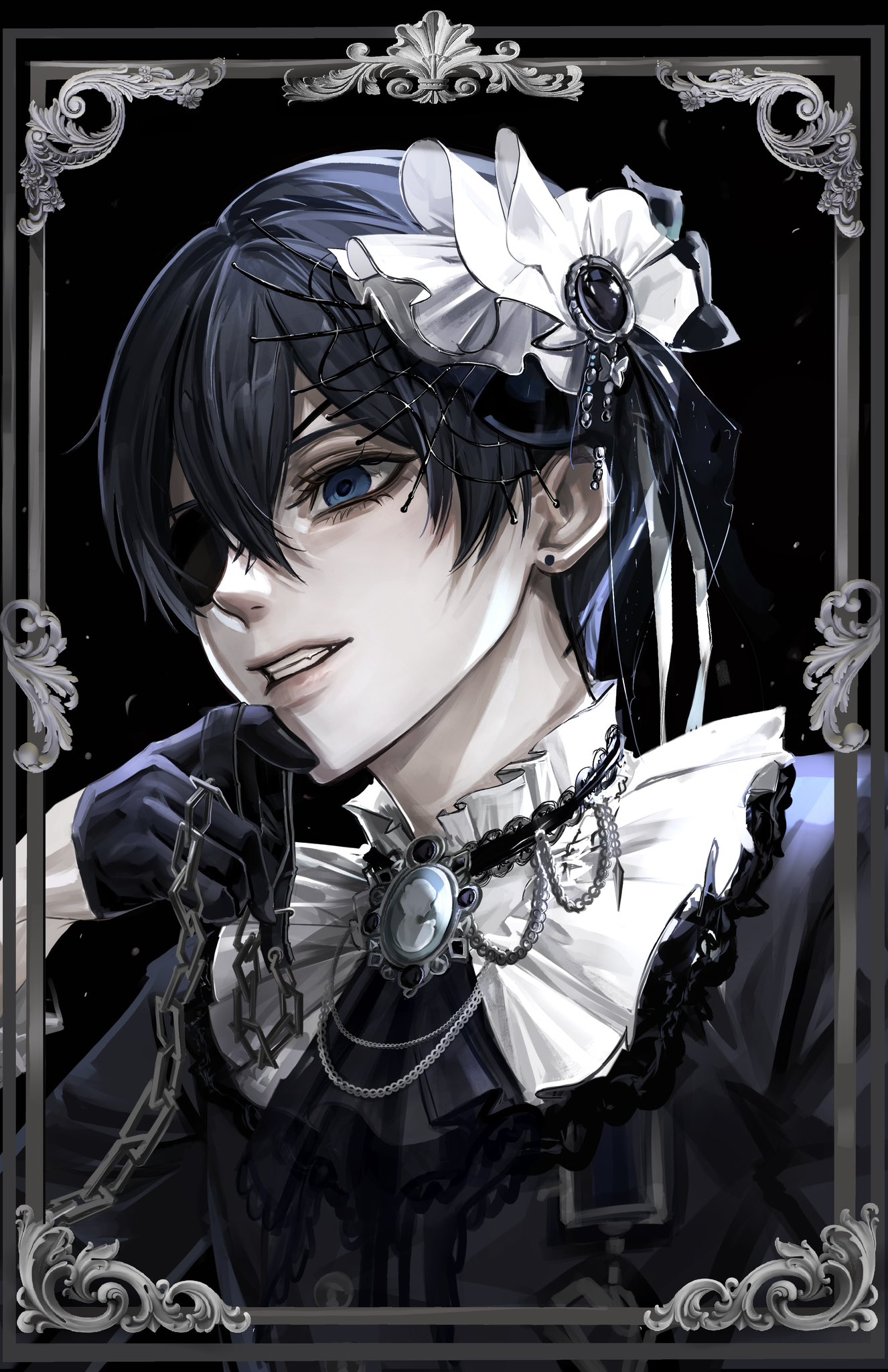 The Big ImageBoard (TBIB) - 1boy ascot bishounen black background black gloves blue ascot blue ...