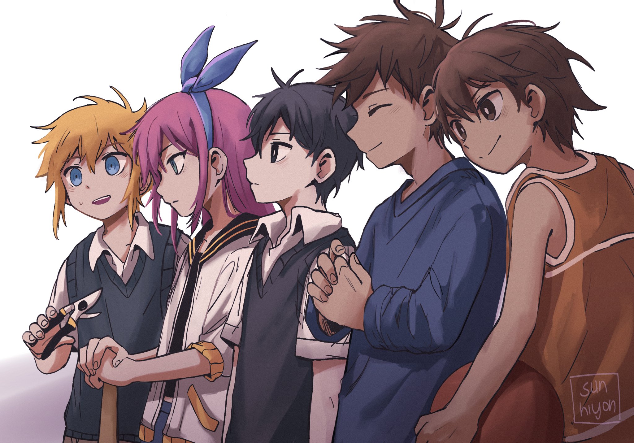 The Big ImageBoard (TBIB) - 1girl 4boys ^ ^ antenna hair arms at sides artist name aubrey ...