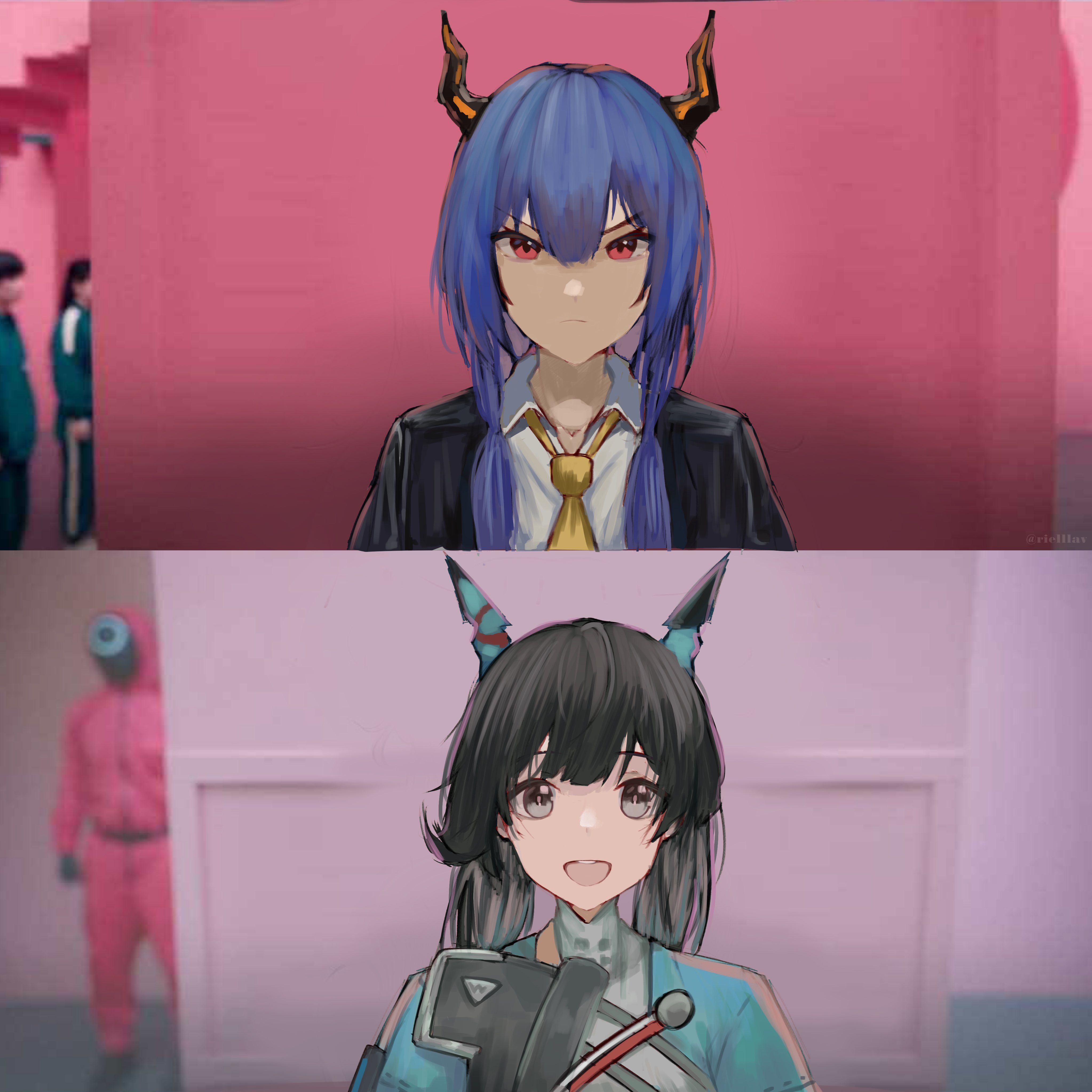 The Big ImageBoard (TBIB) - 2girls :d absurdres aqua jacket arknights black hair black jacket ch ...