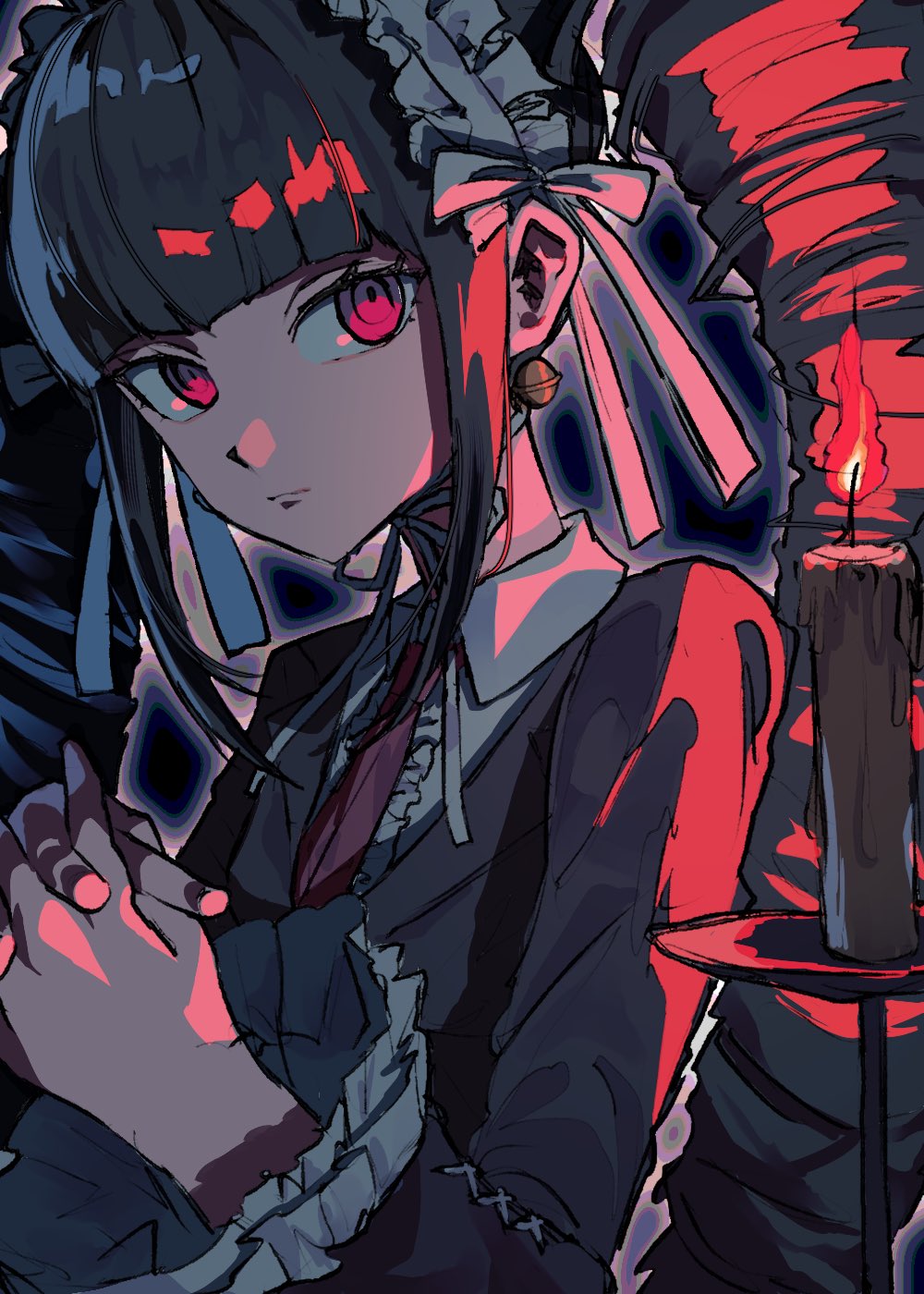 The Big ImageBoard (TBIB) - 1girl backlighting bell bell earrings black background black dress ...