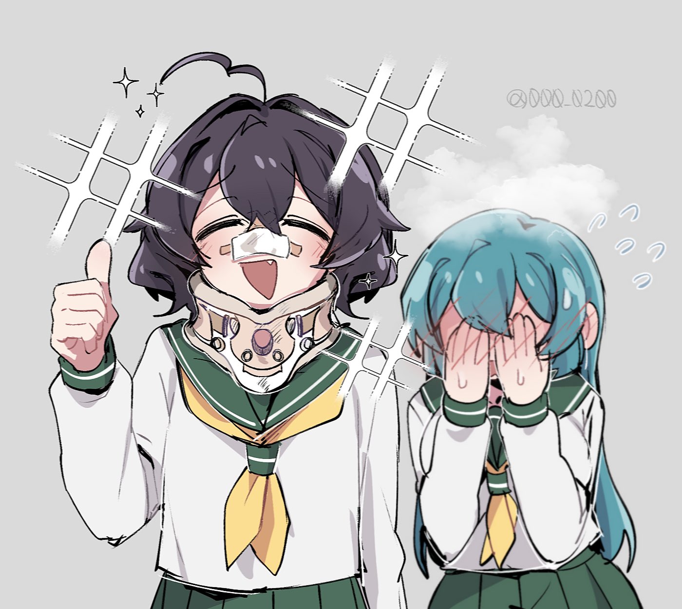 The Big ImageBoard (TBIB) - 2girls ahoge an sin bandage on nose black ...