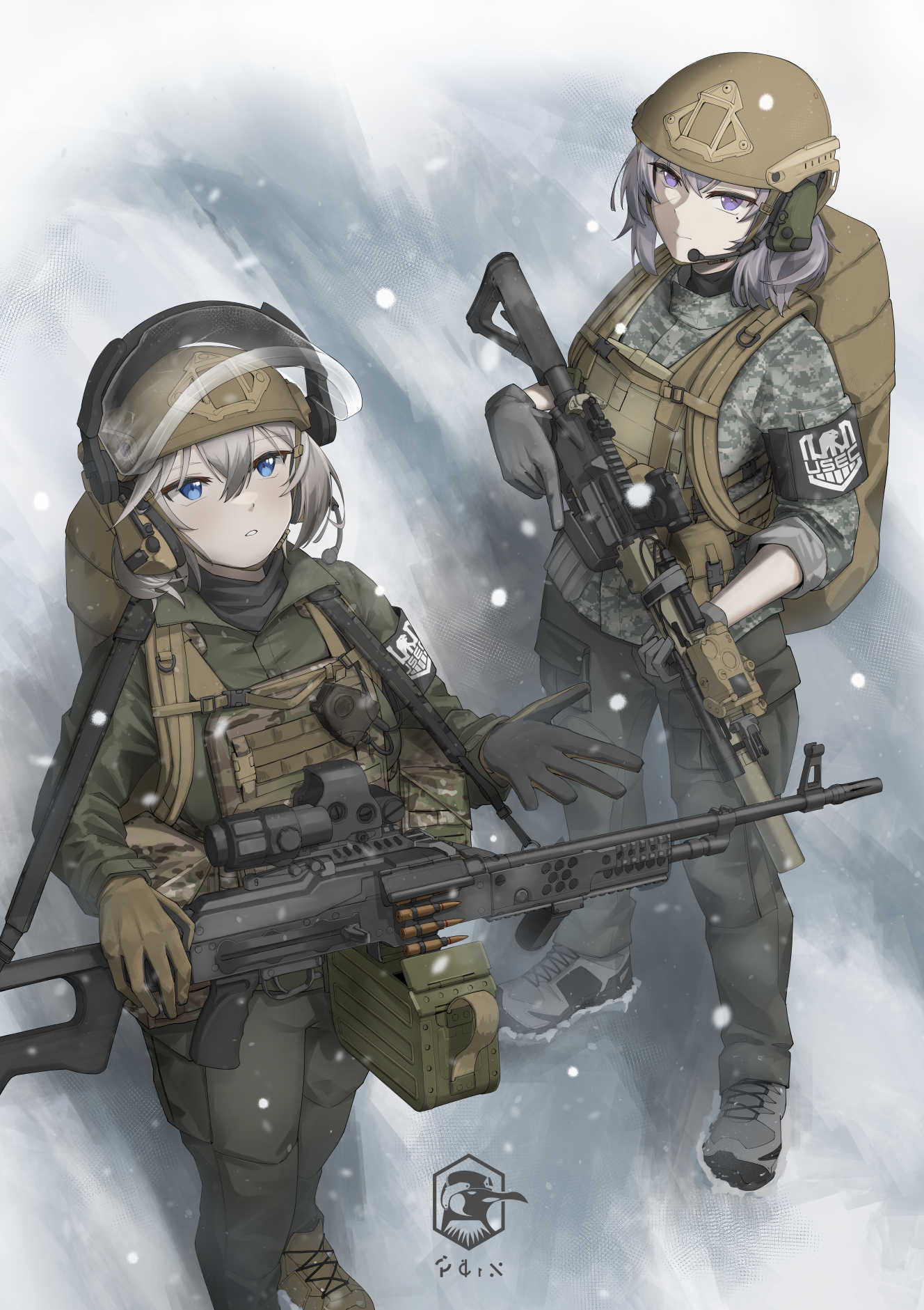 The Big ImageBoard (TBIB) - 2girls assault rifle backpack bag blue eyes ...