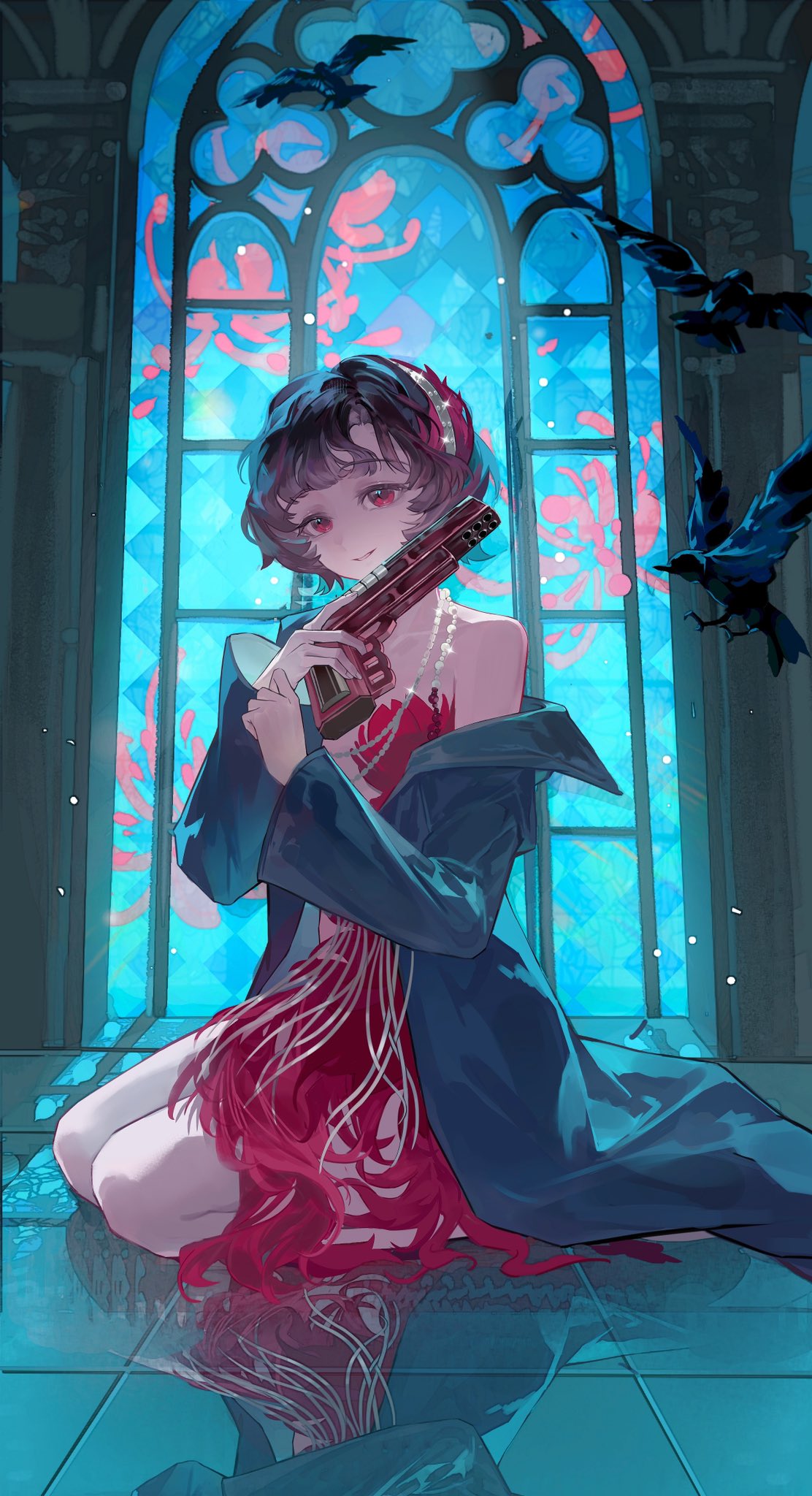 The Big ImageBoard (TBIB) - 1girl arched window bird black bird black ...