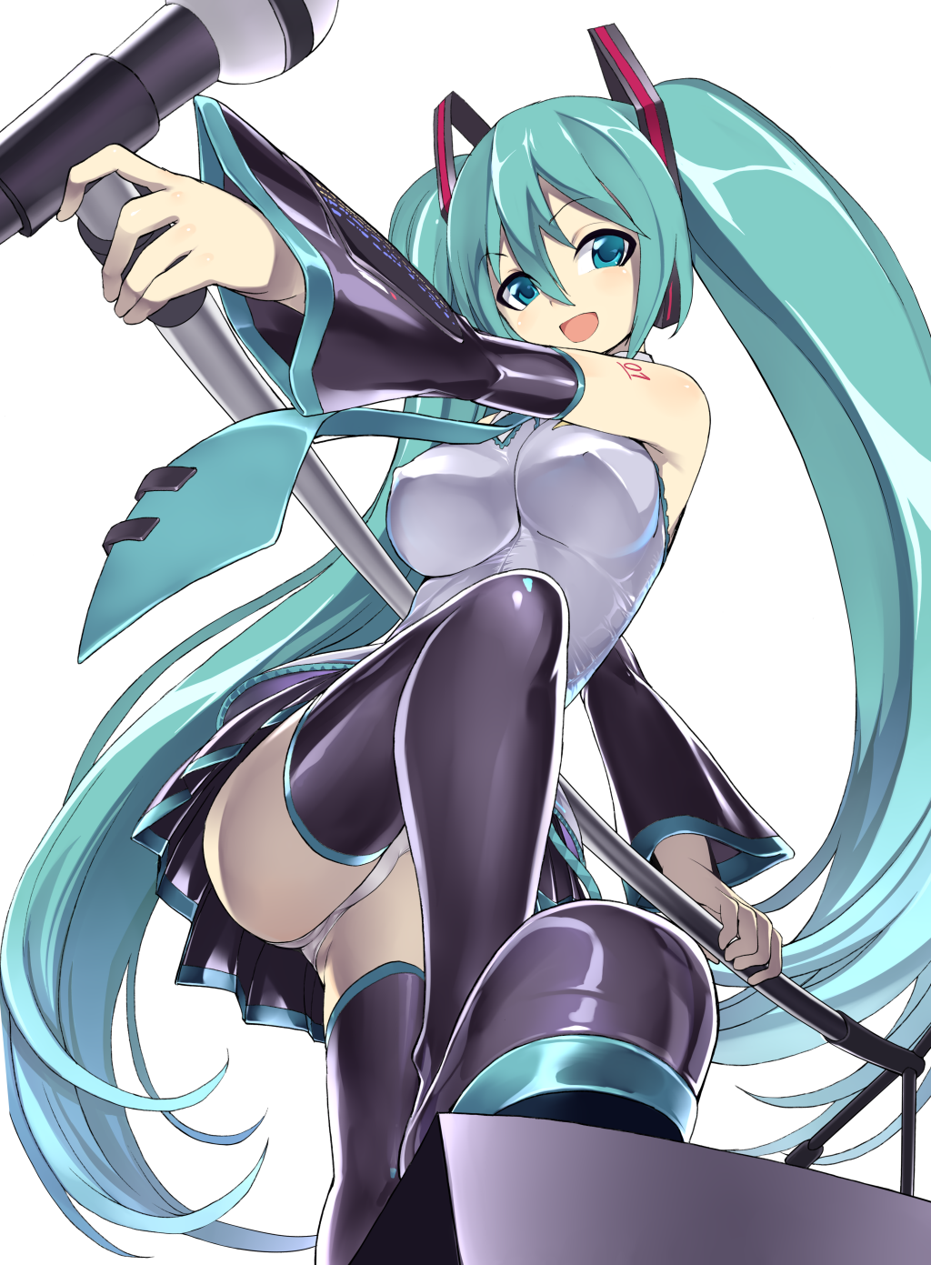 The Big ImageBoard (TBIB) - 1girl :d aqua eyes aqua hair bare shoulders black thighhighs blush ...