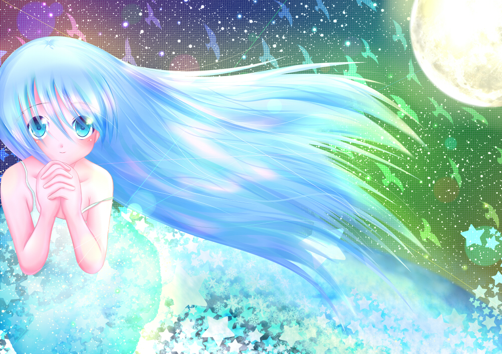 The Big Imageboard Tbib 1girl Bird Blue Eyes Blue Hair Blush Long Hair Moon Original Solo