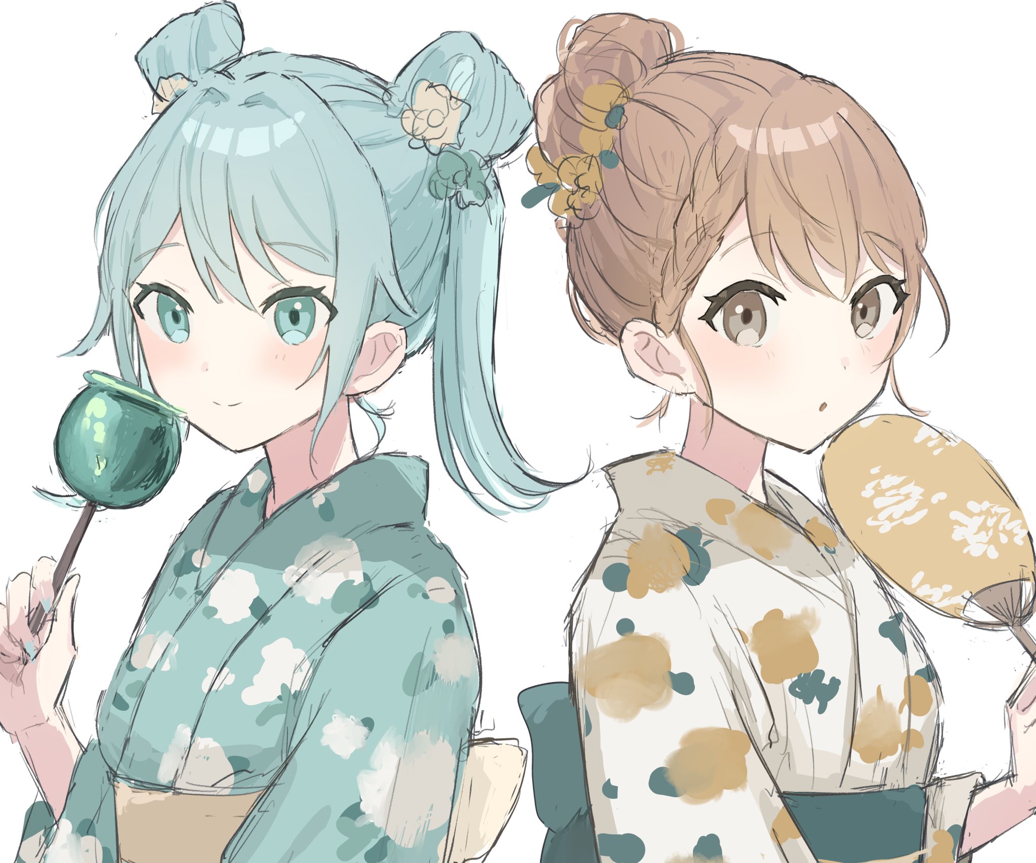 The Big ImageBoard (TBIB) - 2girls alternate costume aqua eyes aqua hair aqua kimono brown eyes ...