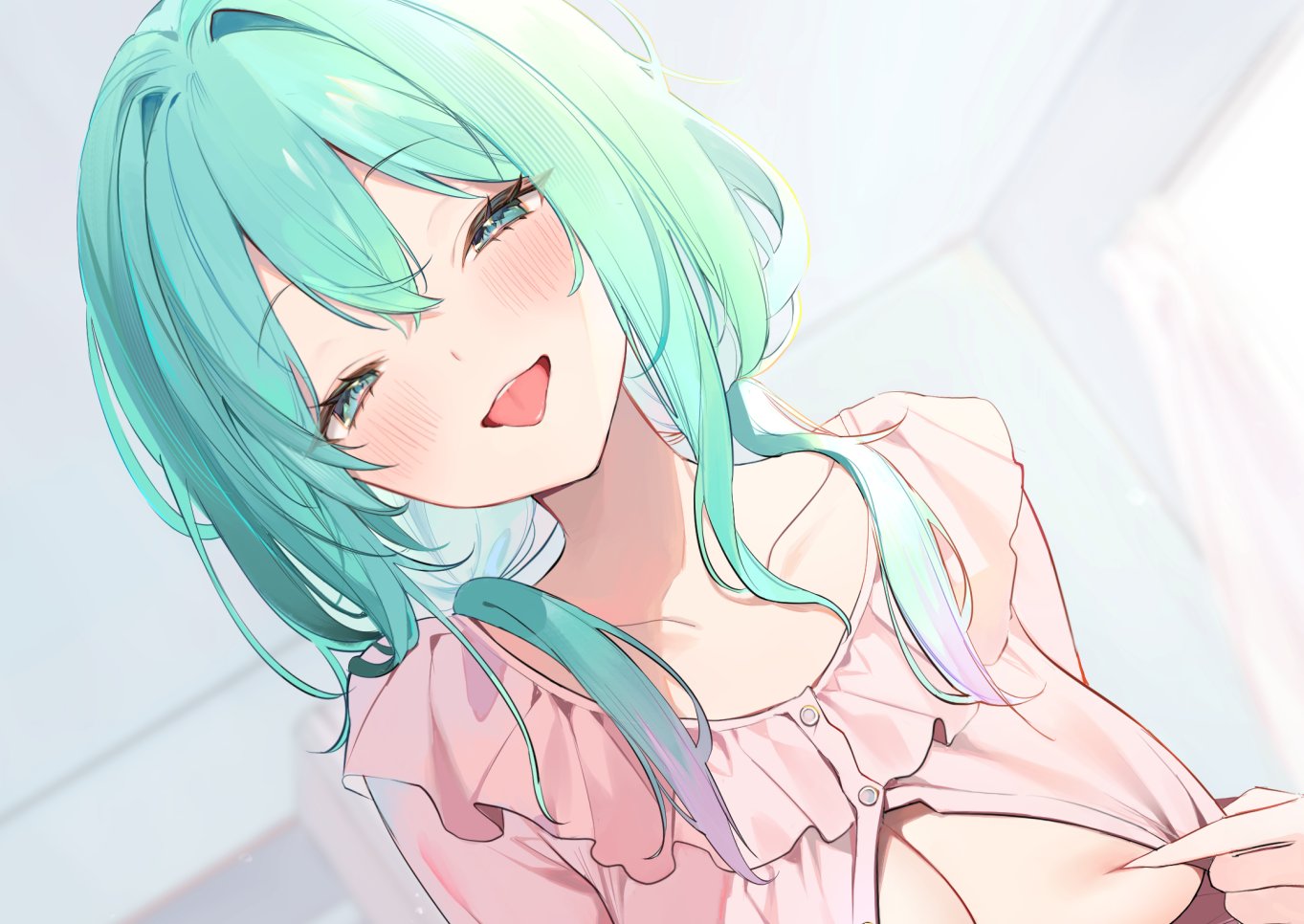 The Big ImageBoard (TBIB) - 1girl aqua eyes aqua hair blurry blurry background blush breasts ...
