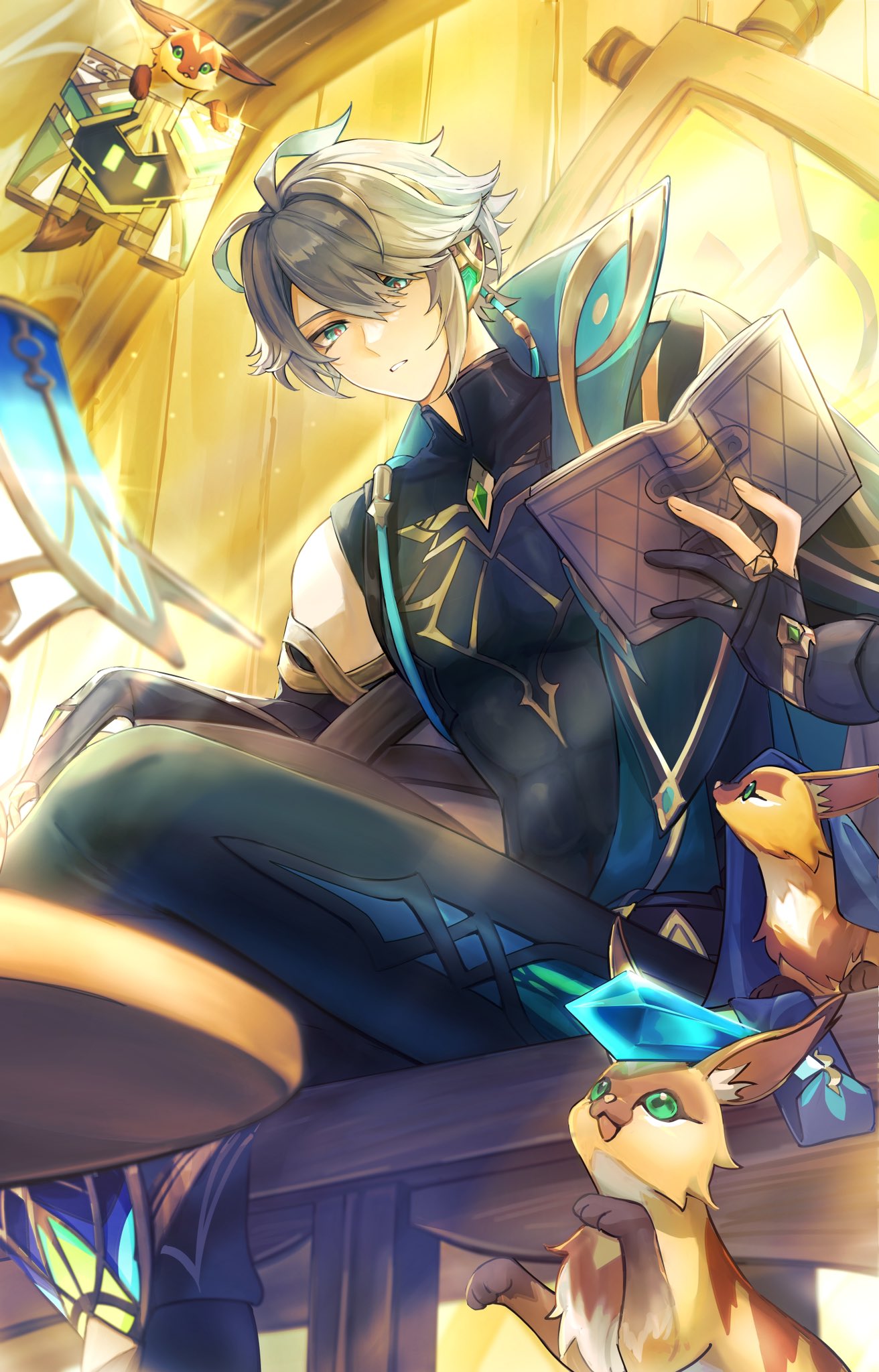 The Big ImageBoard (TBIB) - 1boy alhaitham (genshin impact) antenna hair black gloves black ...