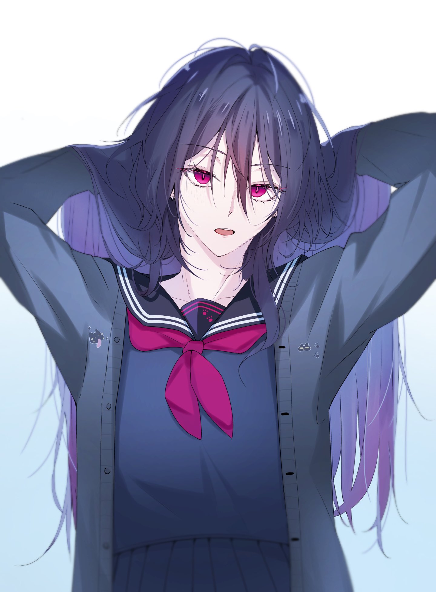 The Big ImageBoard (TBIB) - 1girl adjusting hair arms up black hair black sailor collar black ...