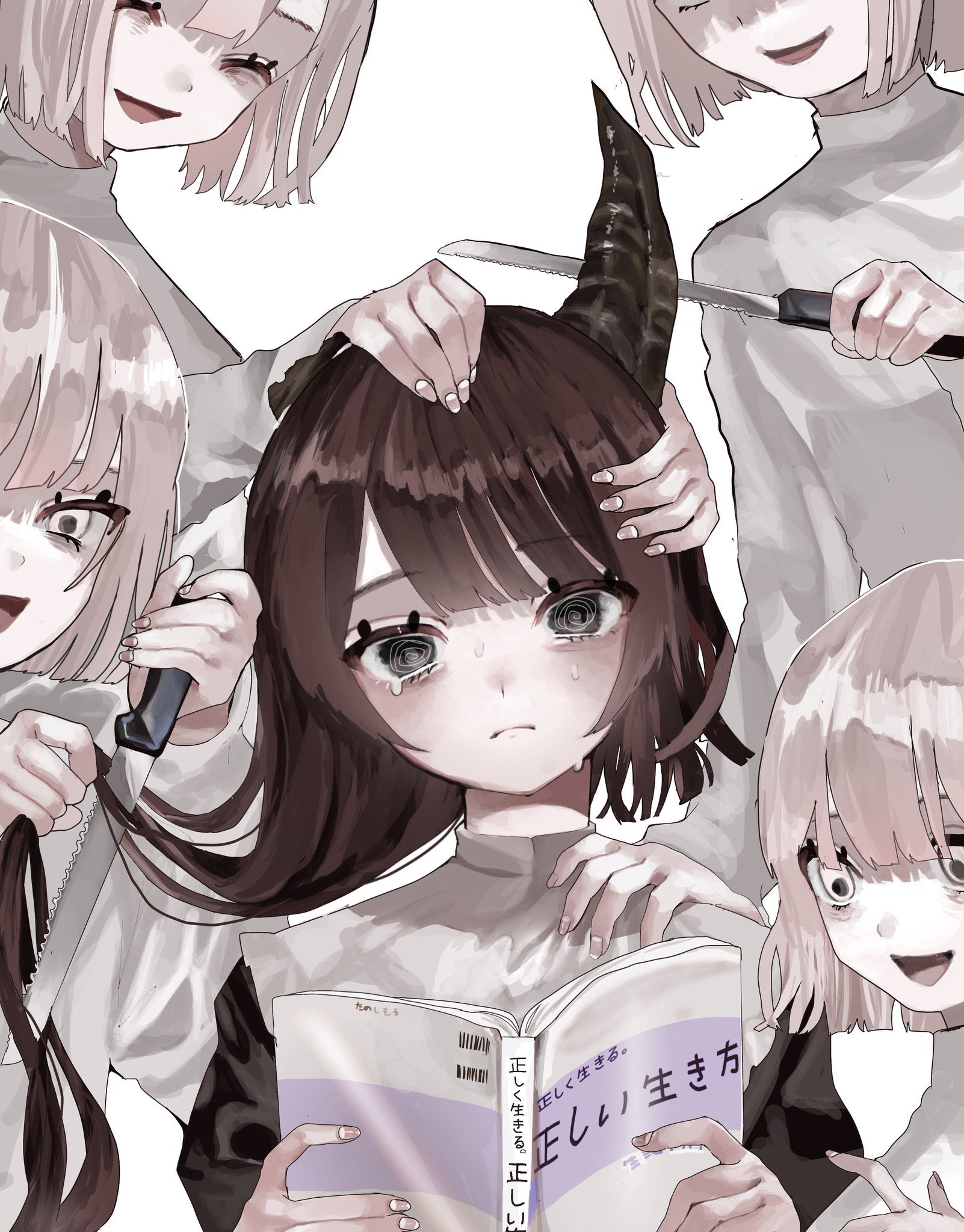 The Big ImageBoard (TBIB) - 1girl 4others @ @ black eyes black hair blunt bangs book closed eyes ...