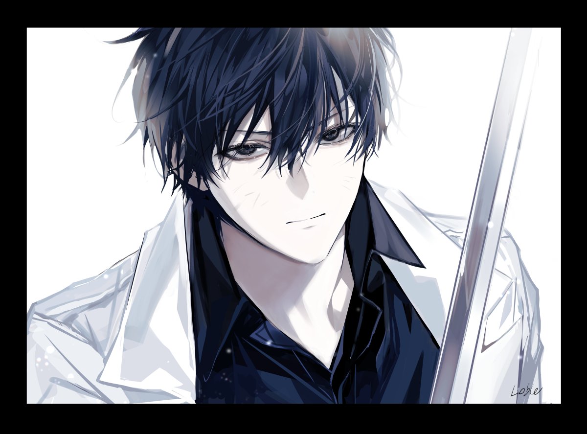 The Big ImageBoard (TBIB) - 1boy artist name black eyes black hair black shirt border closed ...