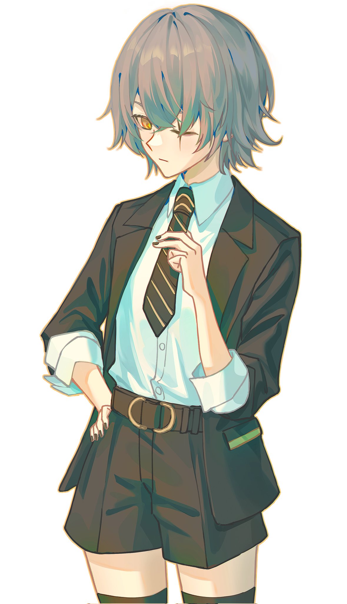 The Big ImageBoard (TBIB) - 1girl adjusting clothes adjusting necktie belt black jacket black ...