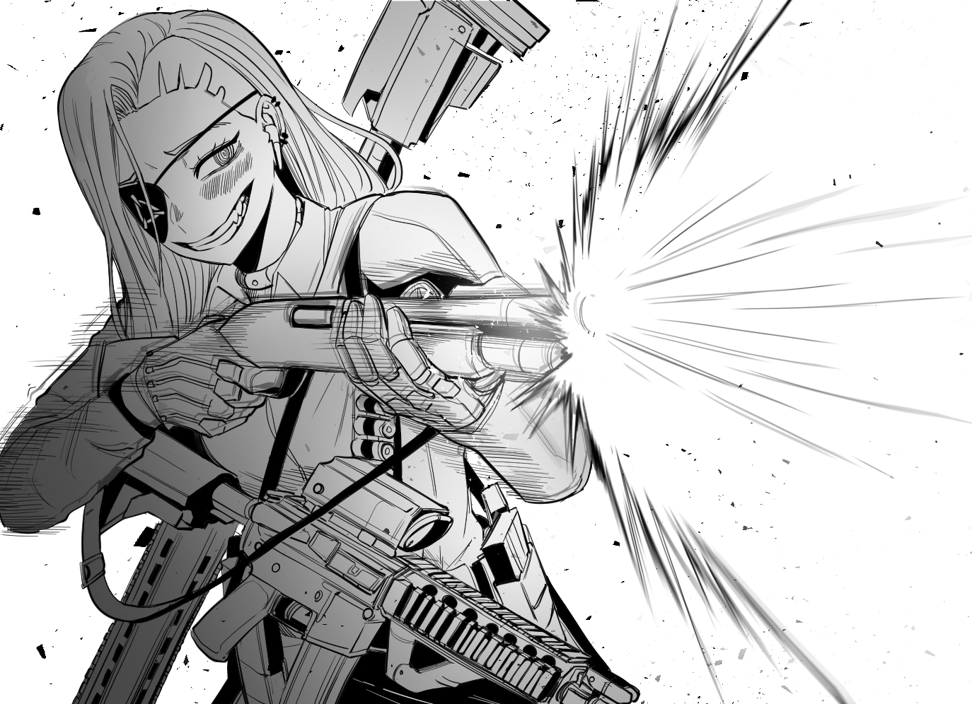 The Big ImageBoard (TBIB) - 1girl assault rifle bandolier blush collar collared shirt crazy eyes ...